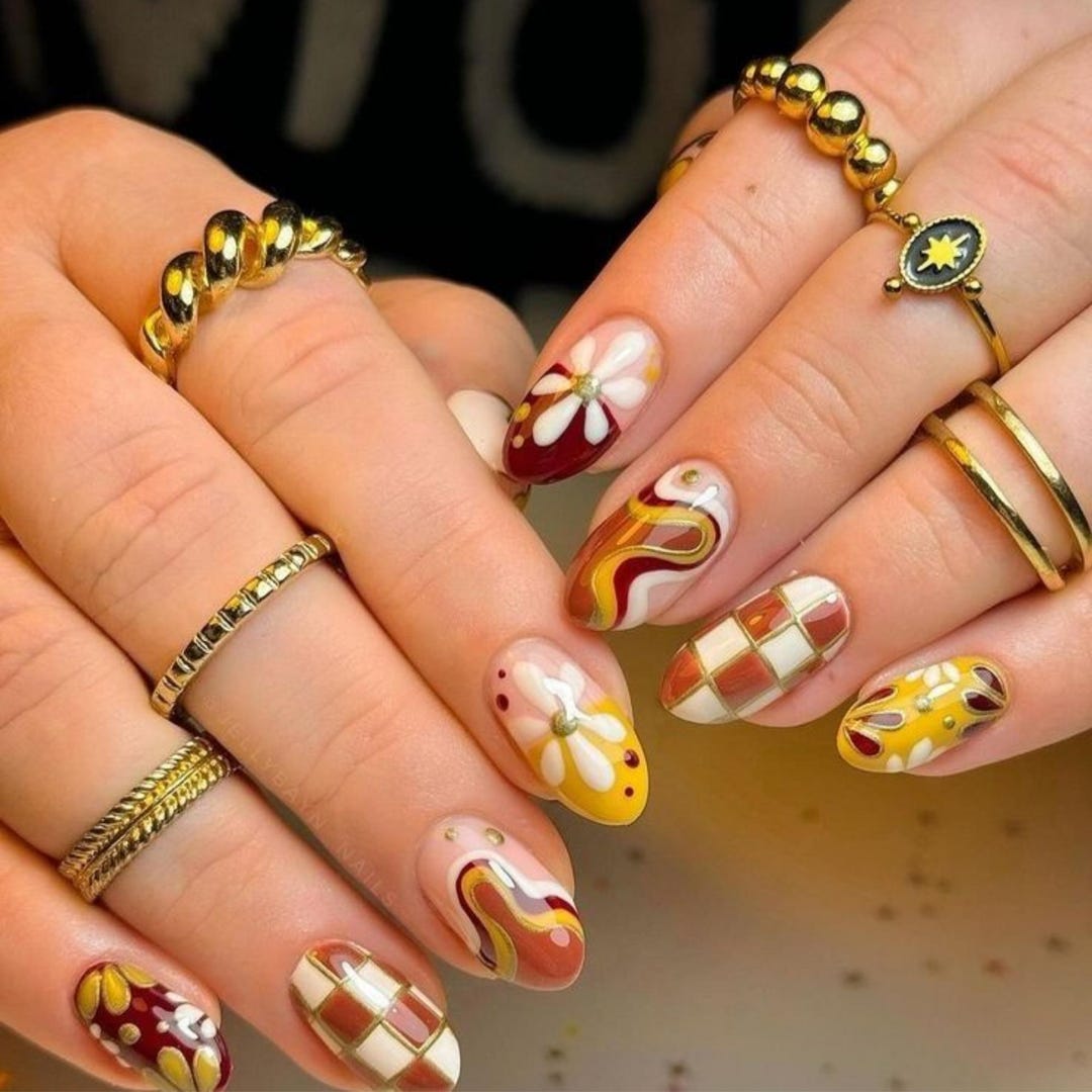 Retro Flower Press on Nails, 70s Groovy Swirl Nails, Yellow Red ...