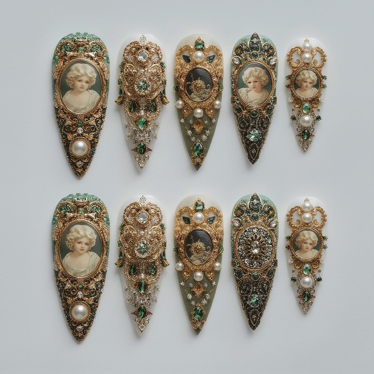 Vintage Baroque Portrait Press on Nails, Green & Gold Nail Art ...