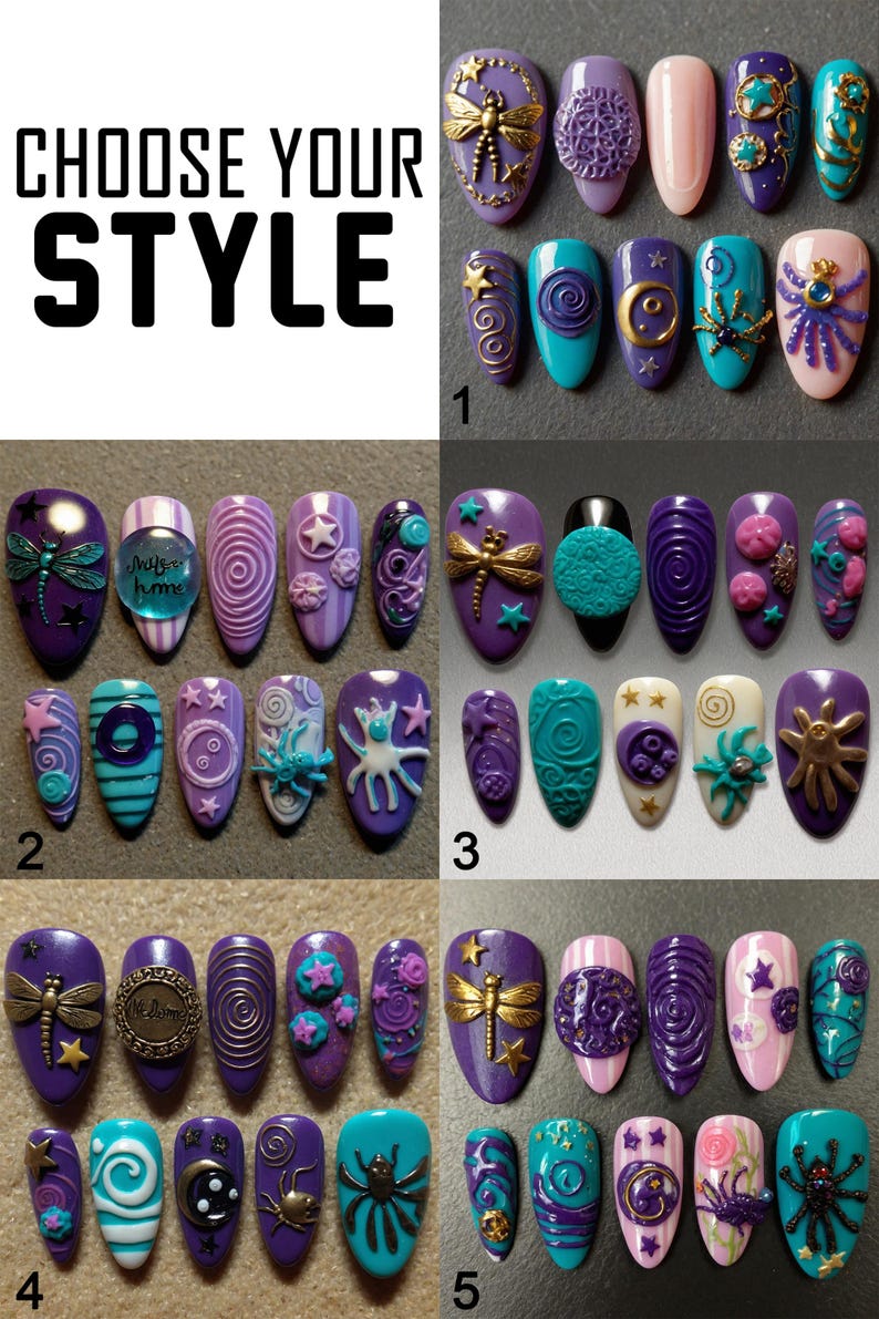Halloween Purple Spider Nails, 3D Press on Nails With Dragonfly, Moon ...