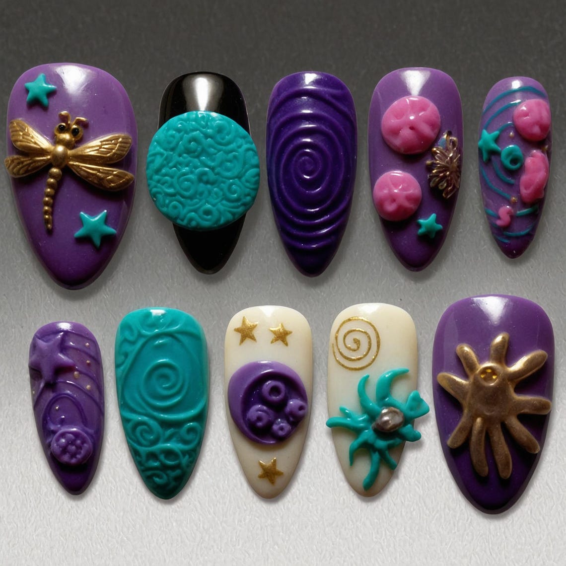 Halloween Purple Spider Nails, 3D Press on Nails With Dragonfly, Moon ...