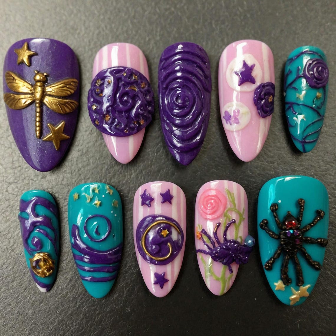 Halloween Purple Spider Nails, 3D Press on Nails With Dragonfly, Moon ...