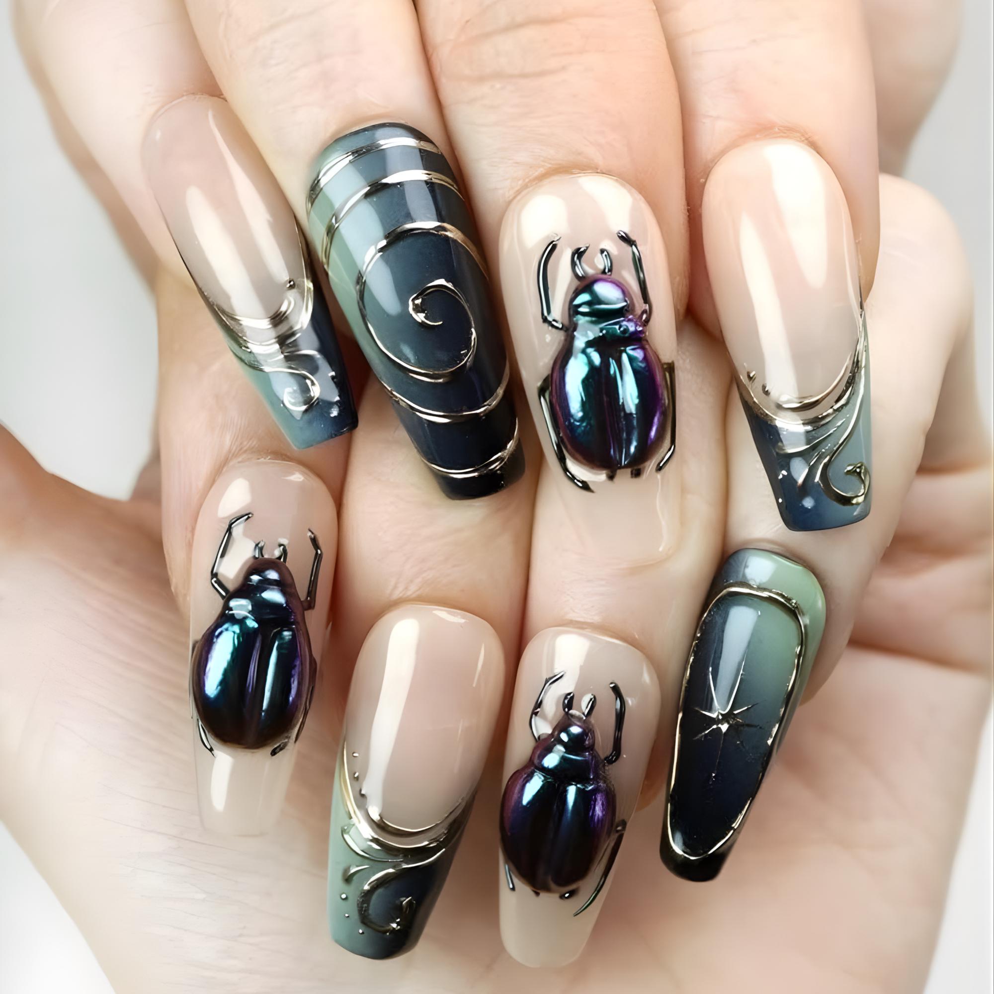Beetle Press on Nails, Gothic Insect Nail Art, Chrome Scarab Nails ...