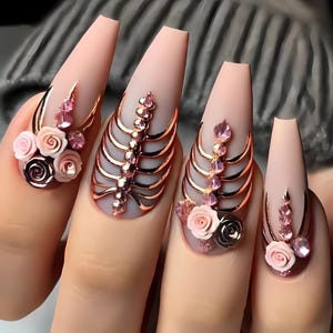 Gothic Skeleton Rose Nails, 3D Floral Coffin Nails, Rhinestone Ribcage ...