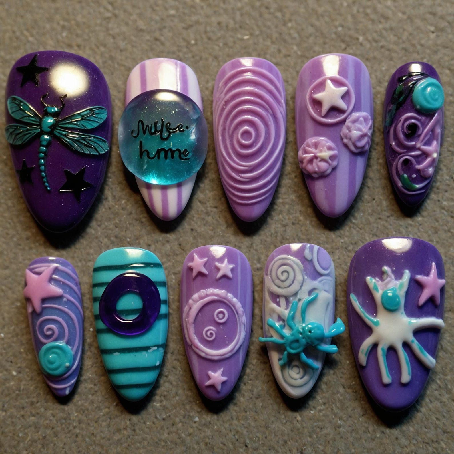 Halloween Purple Spider Nails, 3D Press on Nails With Dragonfly, Moon ...