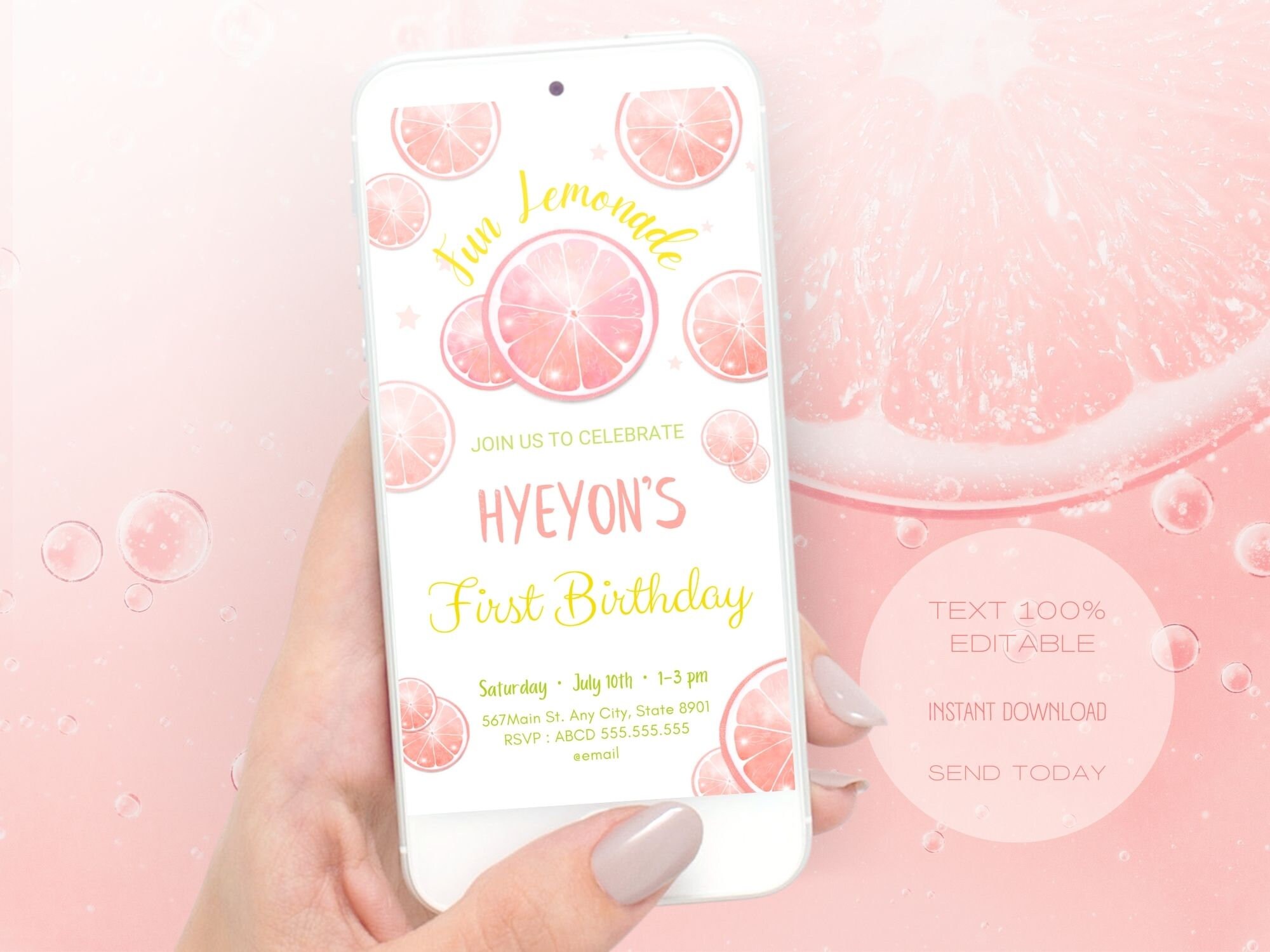 Pink Lemonade First Birthday Party Electronic Invitation, 1st Birthday ...