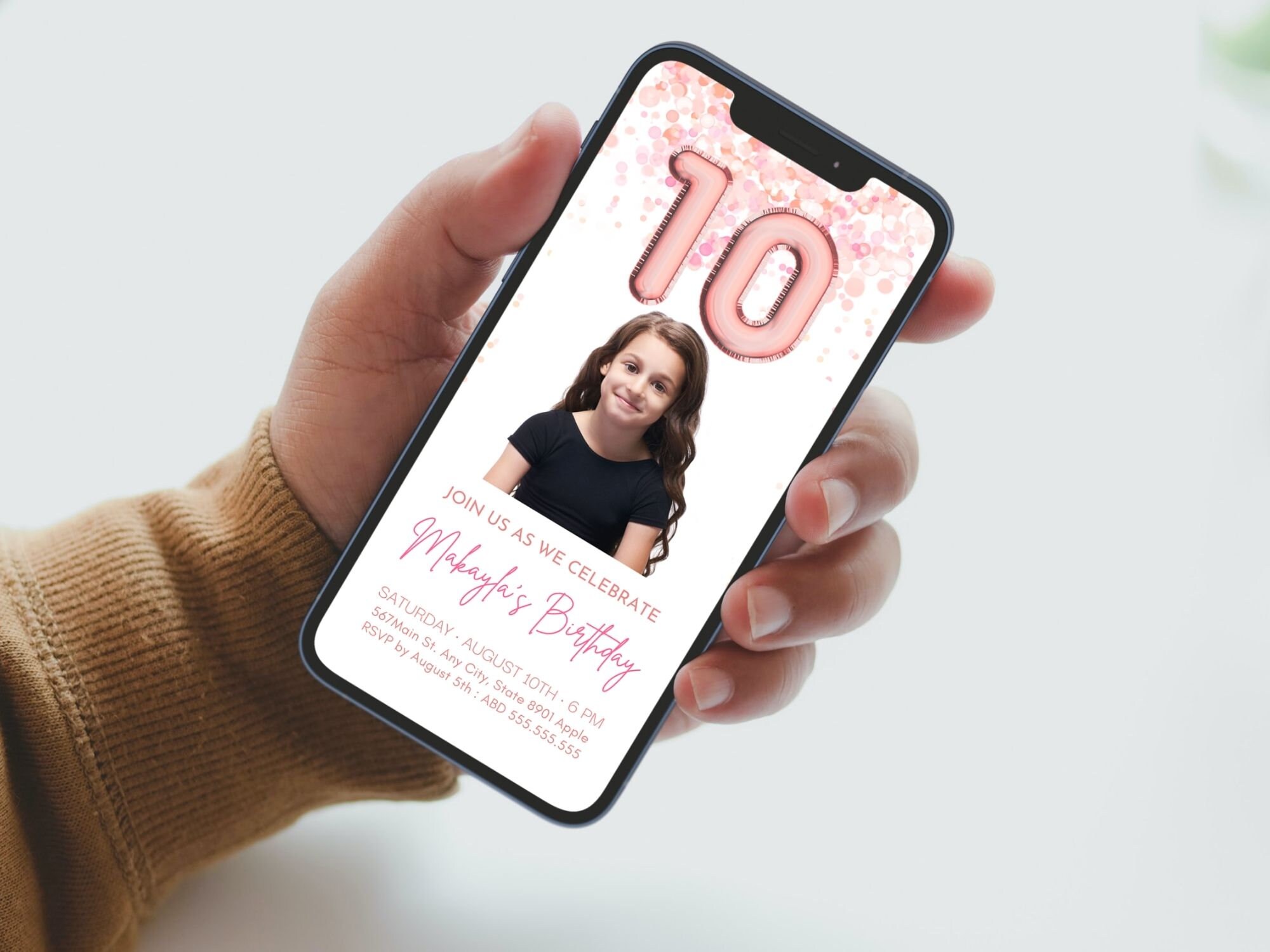 10th Birthday Party Invite With Photo, Ten Girls Rose Gold Birthday ...