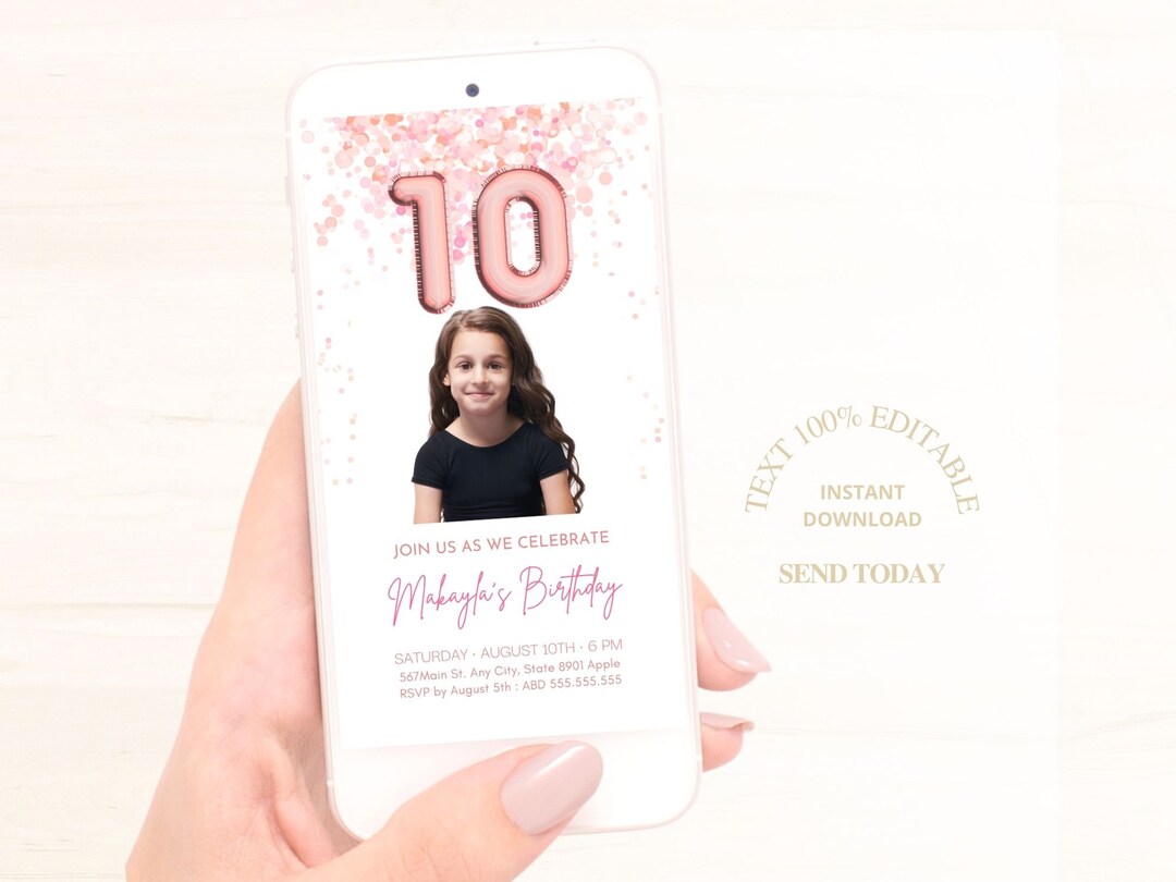 10th Birthday Party Invite With Photo, Ten Girls Rose Gold Birthday ...