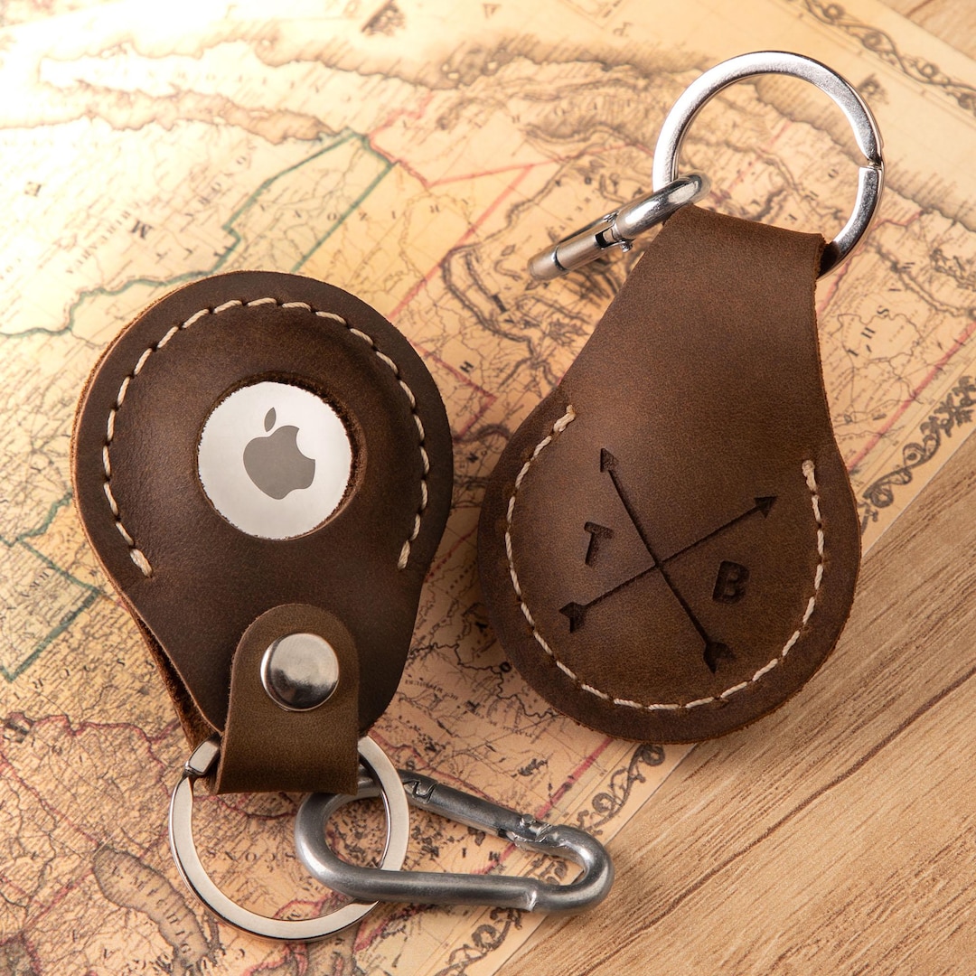 Handmade Leather AirTag Holder Keychain, Crazy Horse Leather Engraved ...