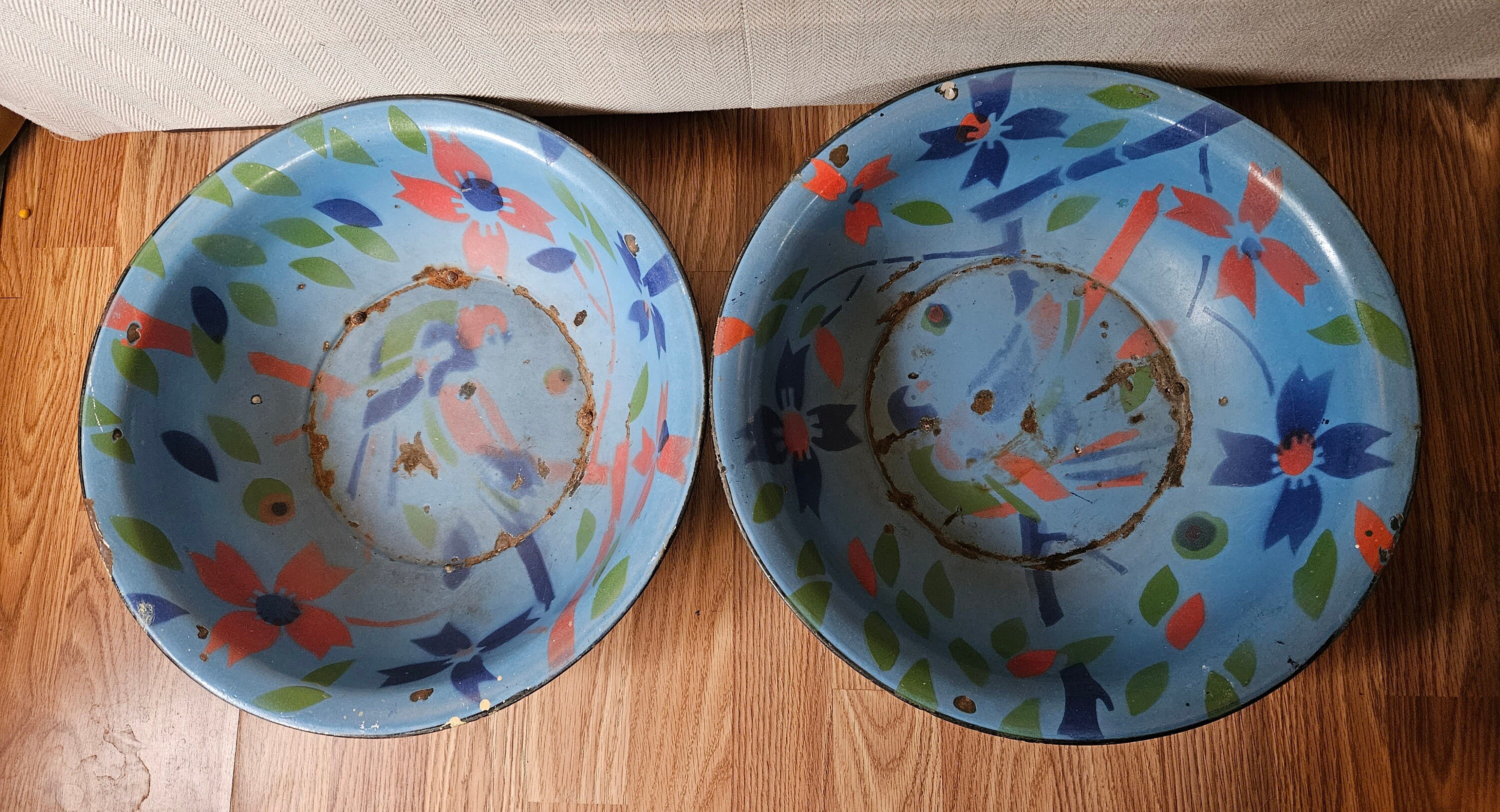 Vintage Large Enamel Bowls Blue Floral Enamelware Farmhouse - Etsy