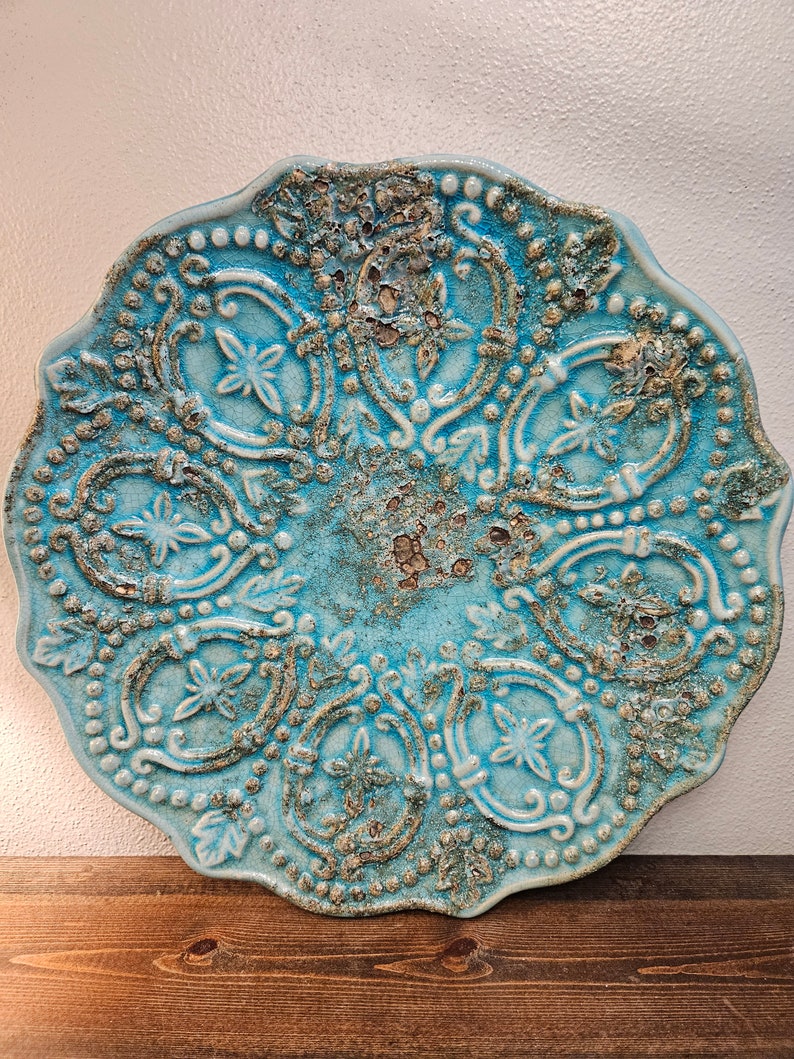 Vintage Turquoise Ceramic Medallion Plate Antiquated Primitive ...