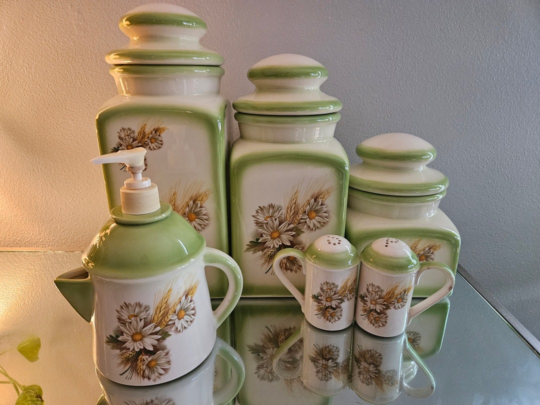 Vintage Ceramic Daisy Kitchen Canister Set Ombre Green Farmhouse ...
