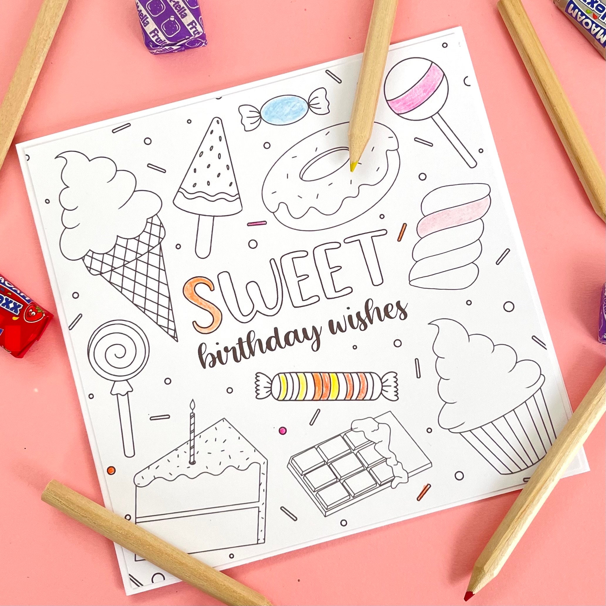 Sweet Treats Themed Colouring in Greeting Card Colouring in Birthday ...