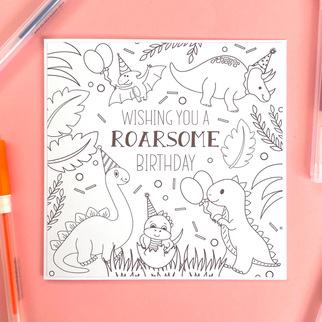 Dinosaur Colouring in Greeting Card Colouring in Birthday Card - Etsy