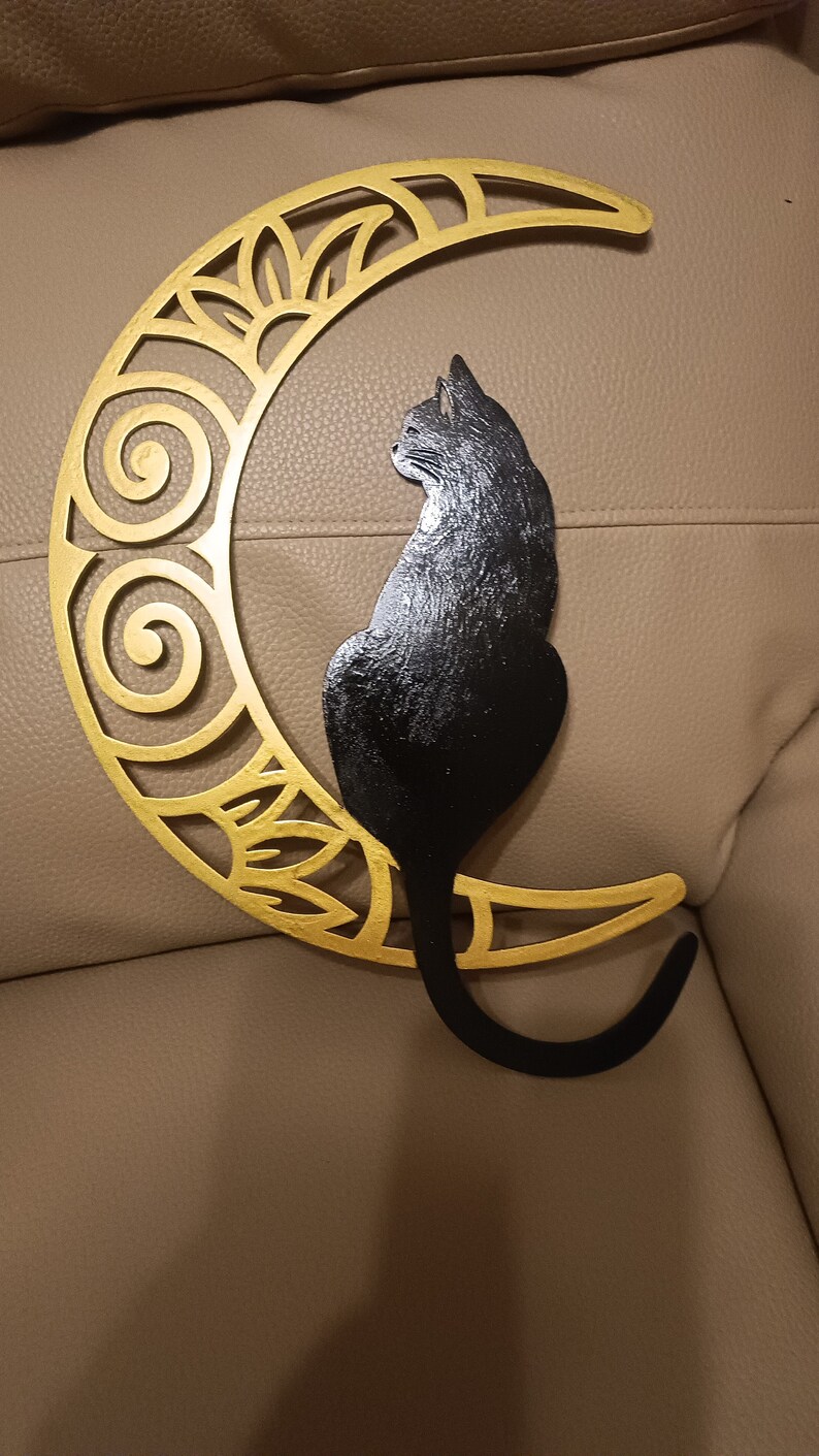 Wooden Cat and Moon Sign, Animal Figure, Geometric Cat, 3D Wall Art ...
