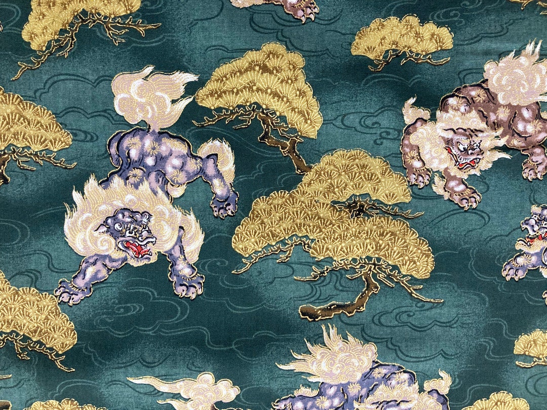 Cosmo Textile Company Sakana Shi Shi Dogs in Green 100% Cotton Japanese ...