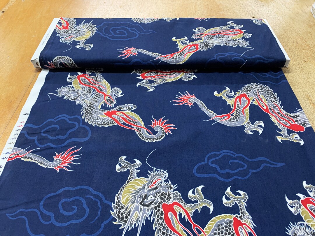 Cosmo Textile Company Dragons on Blue 100% Cotton Japanese Made Fabric ...