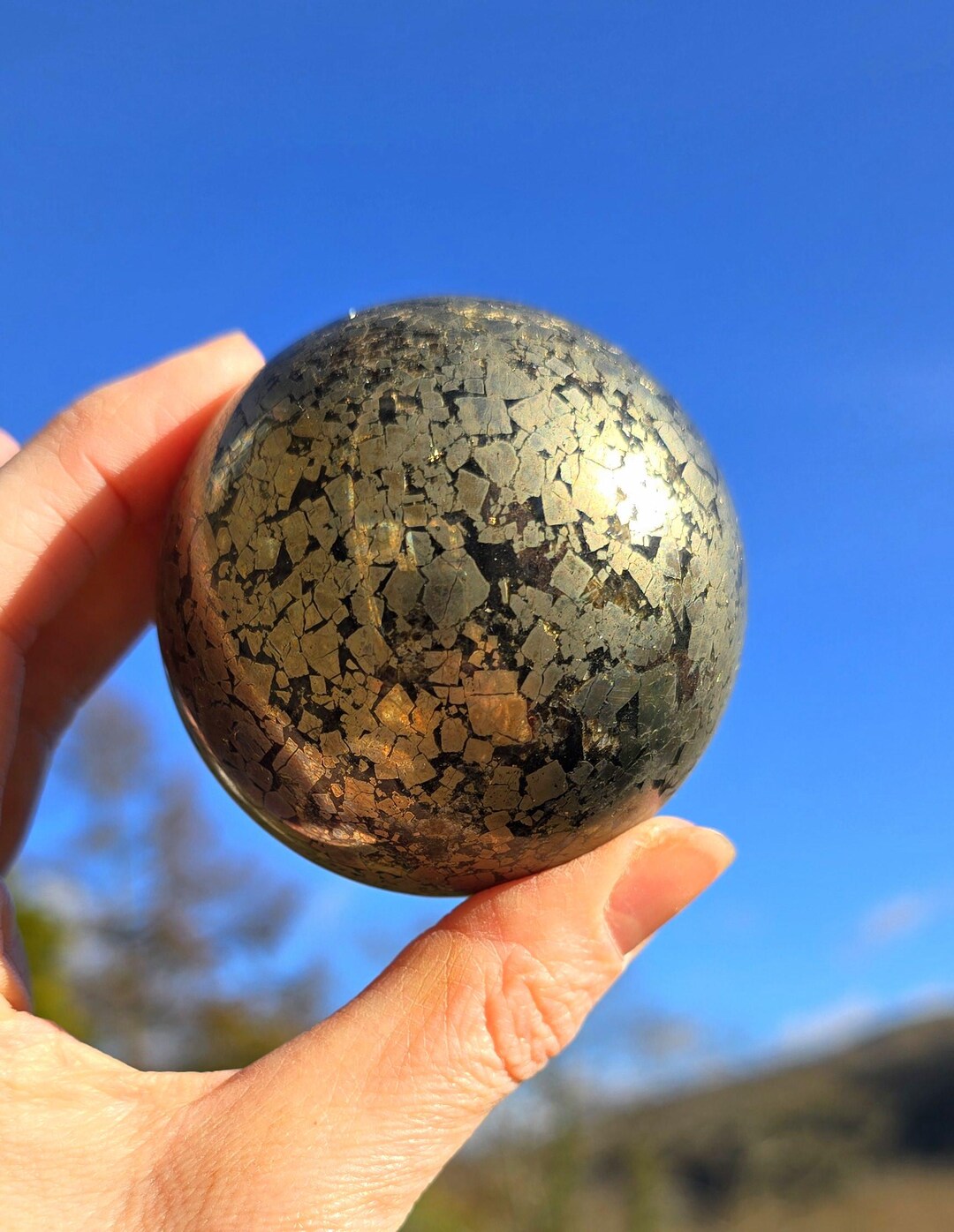 550g Pyrite Sphere Crystal, Gold Pyrite Carving Decor, Polished Pyrite ...