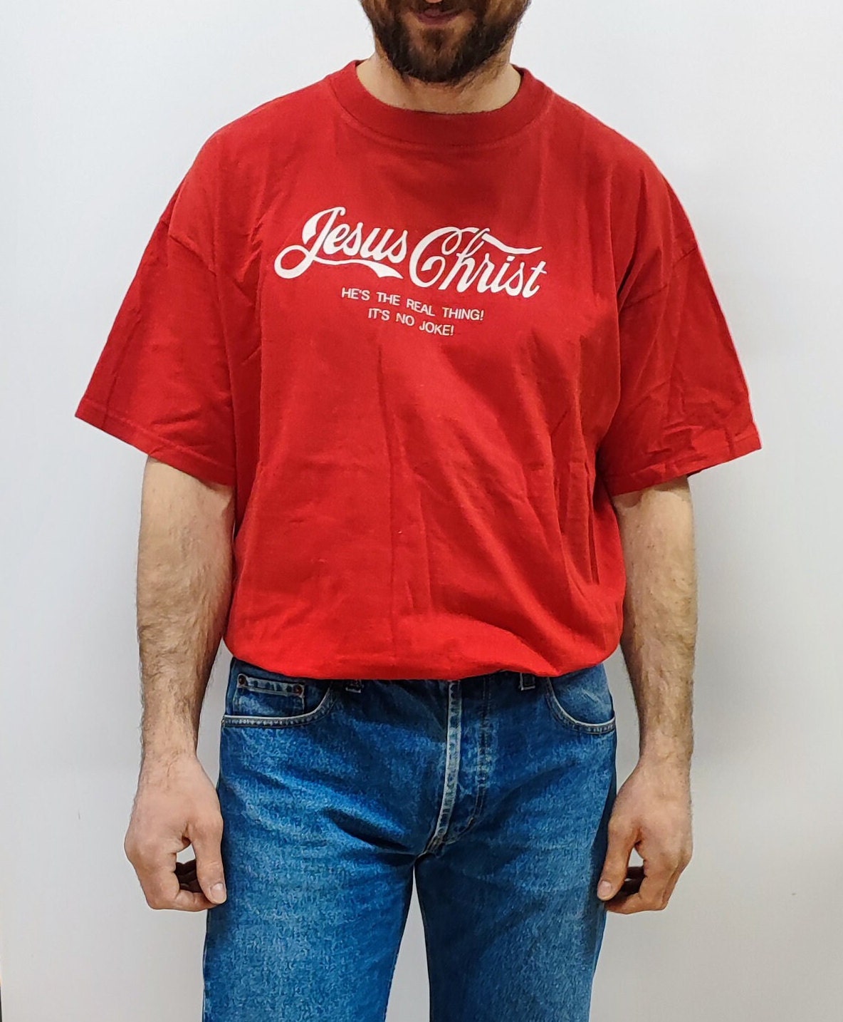 90s B&C T-shirt 'jesus Christ He's the Real Thing, No Joke!' - Red Jesus Christ / Coca Cola T ...
