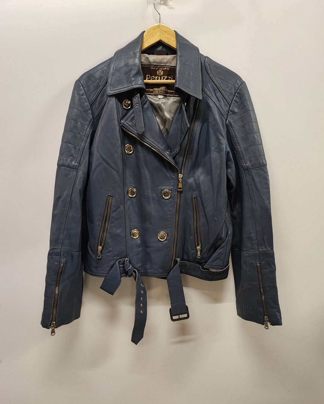 Peruzzi Blue Leather Jacket Size 50/M Made in Italy, Firenze 1948 ...