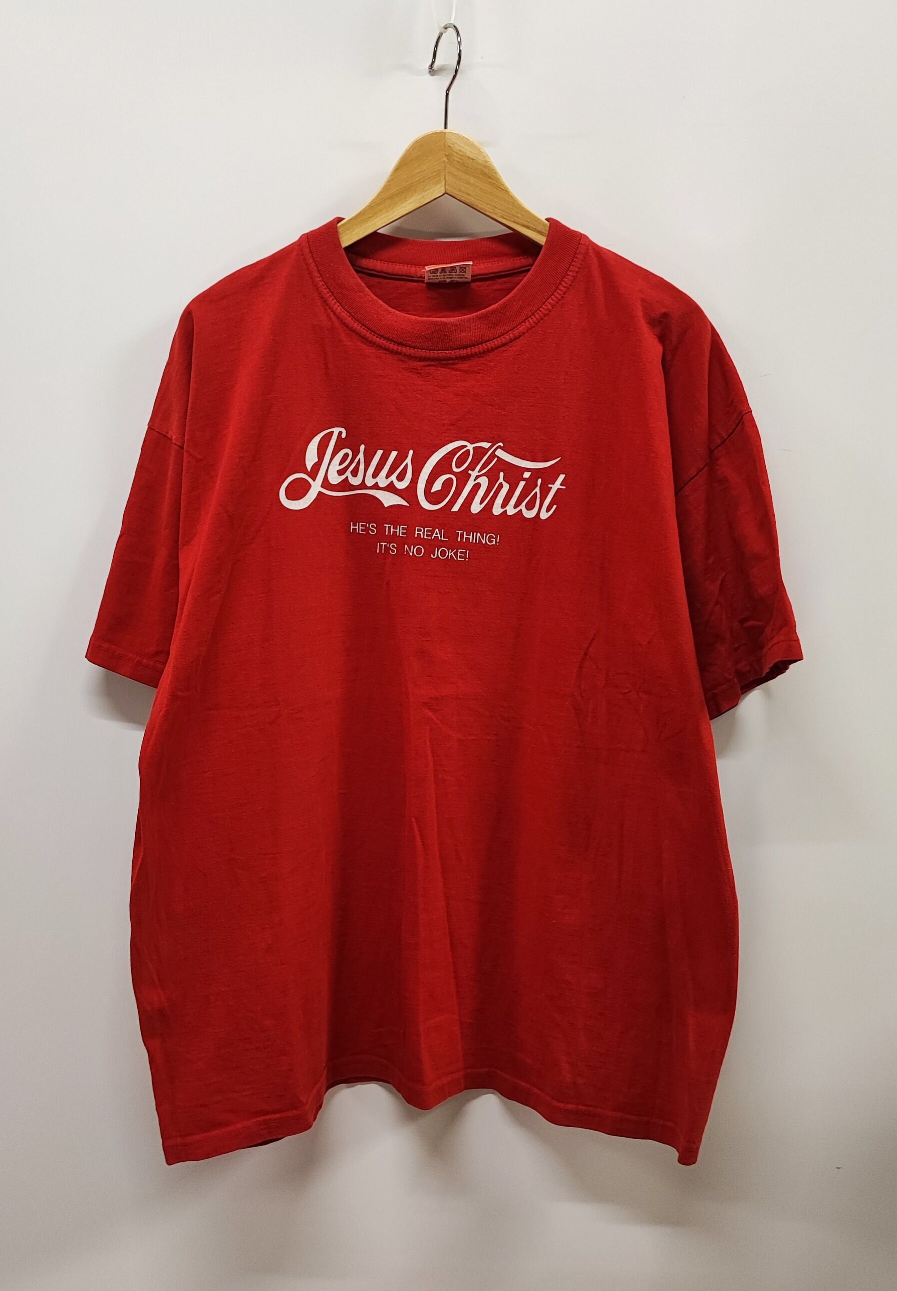 90s B&C T-shirt 'jesus Christ He's the Real Thing, No Joke!' - Red Jesus Christ / Coca Cola T ...