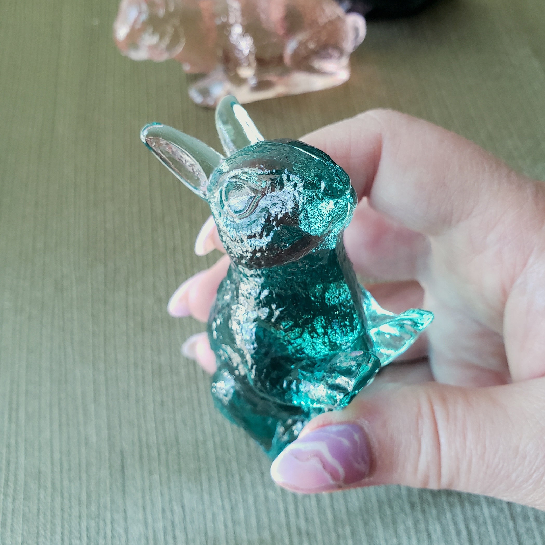 Vintage Mosser Glass Rabbit, Green, Blue, 1990s, Bunny, Mom, Gift, Baby ...