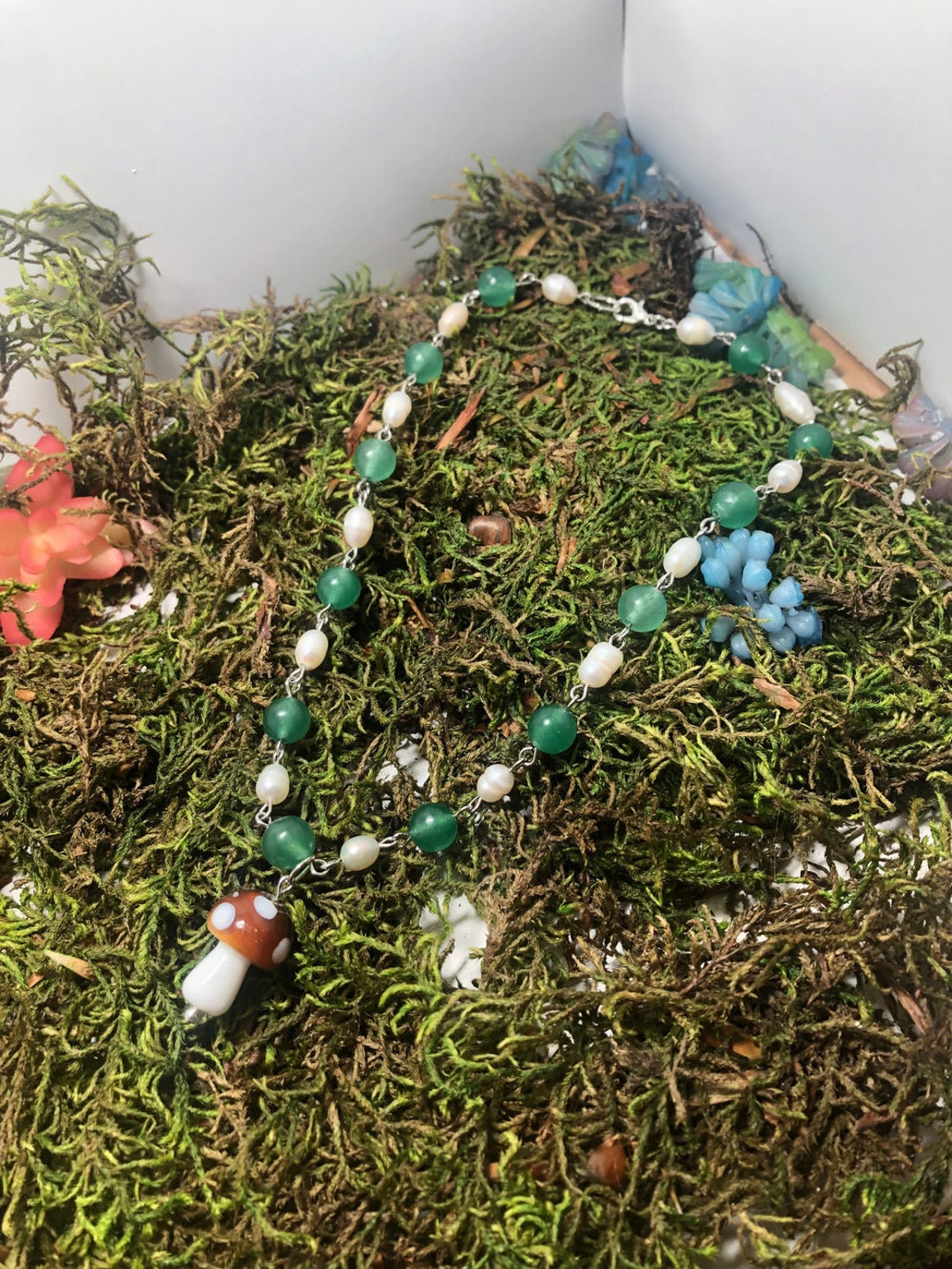 Cottagecore Crystal and Pearl Mushroom Necklace, Green Aventurine ...