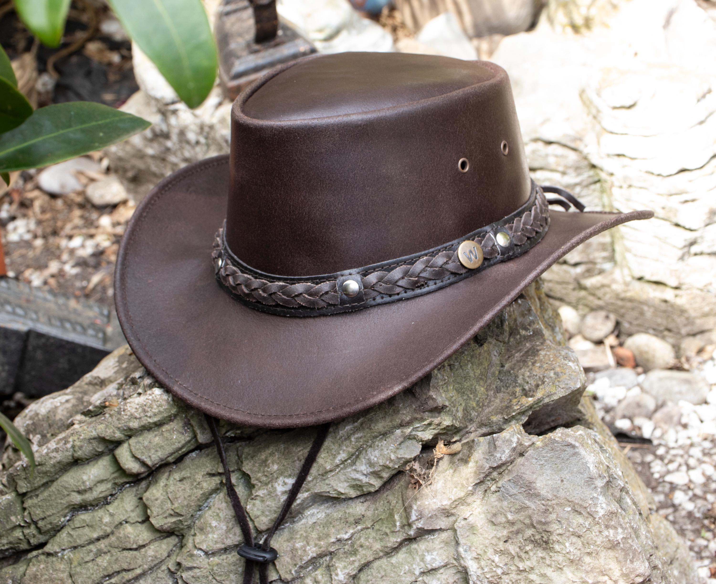 Leather Cowboy Hat – Brown Outback Hats With Wide Brim, UPF 50 ...