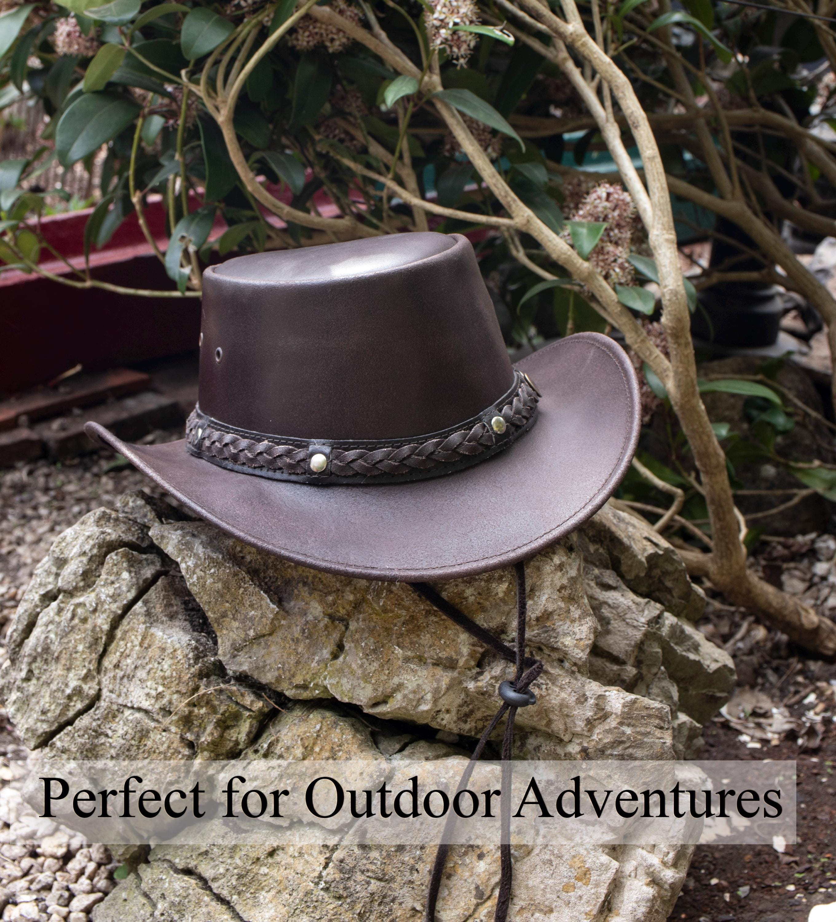 Leather Cowboy Hat – Brown Outback Hats With Wide Brim, UPF 50 ...