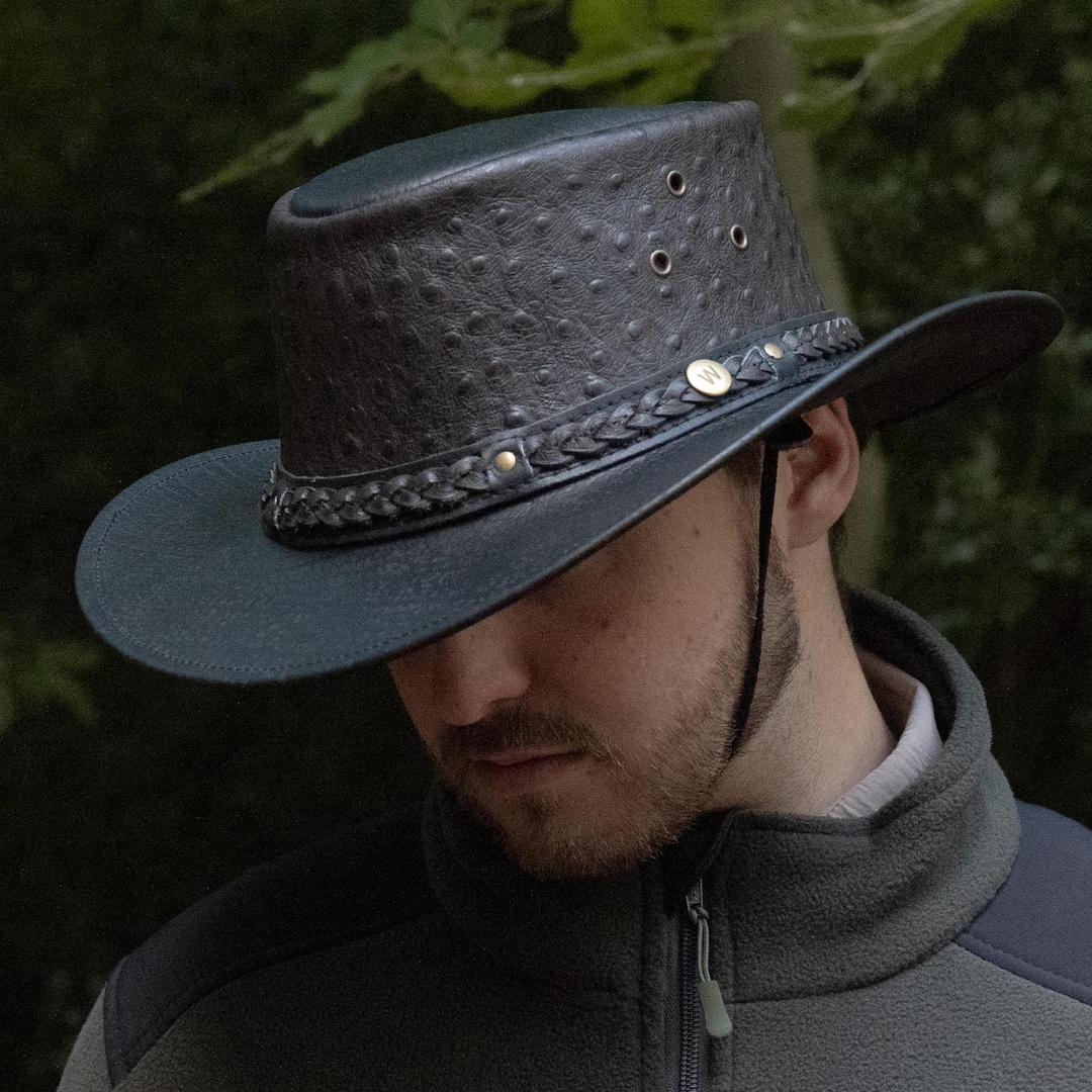 Luxury Black Leather Cowboy Hat – Full Grain Western Hats, Wide Brim ...