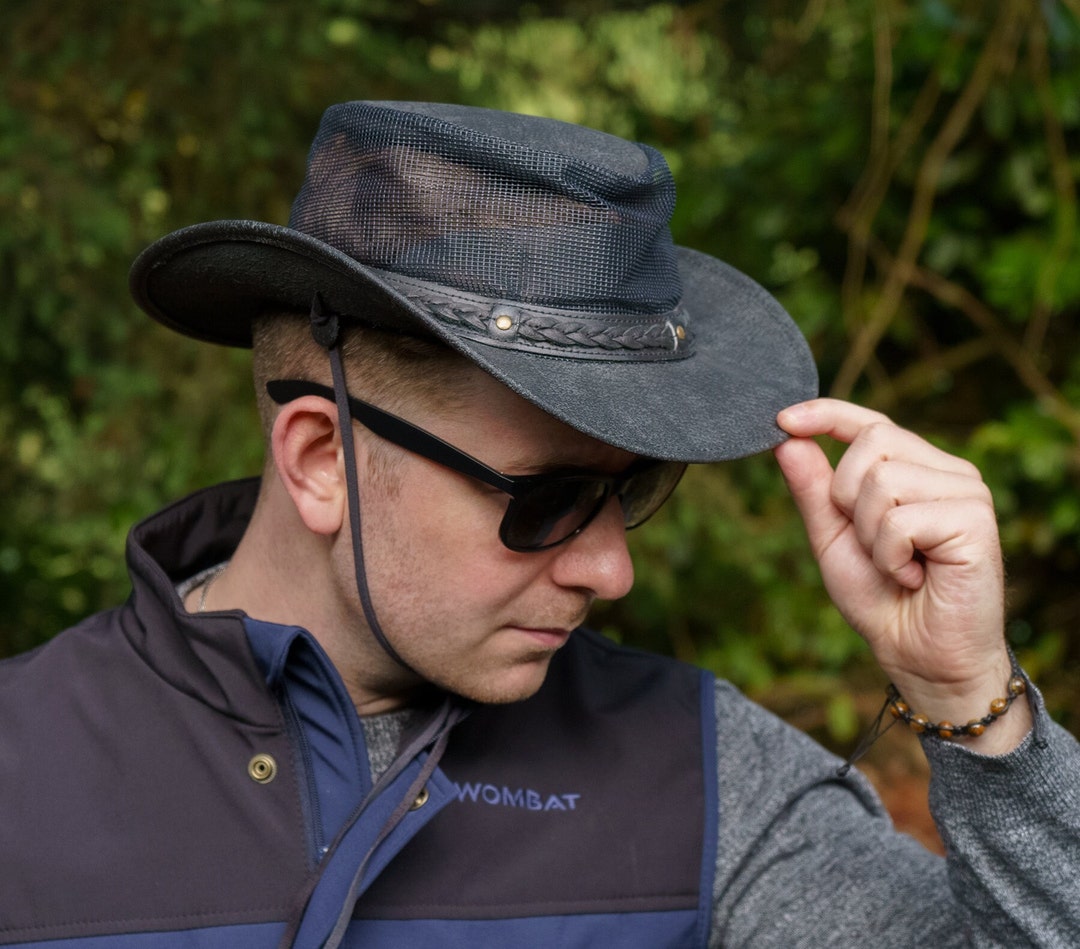Wombat Foldable Black Leather Hat the Wilds AIR Full Grain Leather Mesh ...