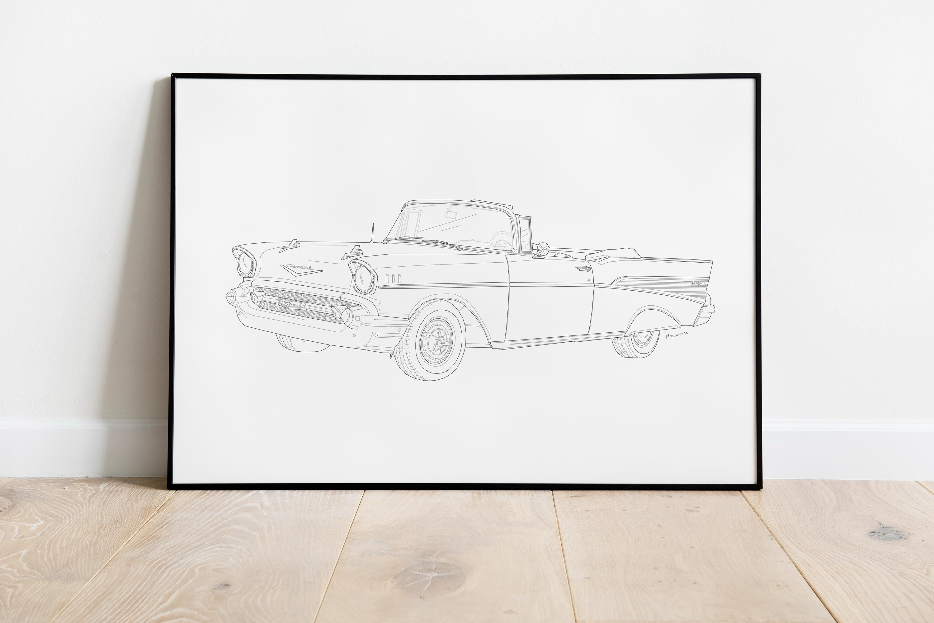 1957 Chevrolet, Bel Air, Car, Line Art Drawing, Transport, Classic Car ...