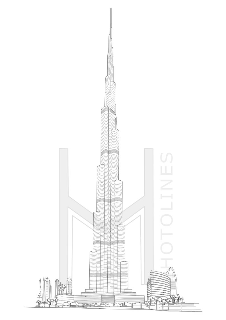 Burj Khalifa, Dubai, United Arab Emirates, Line Art, Line Drawing ...