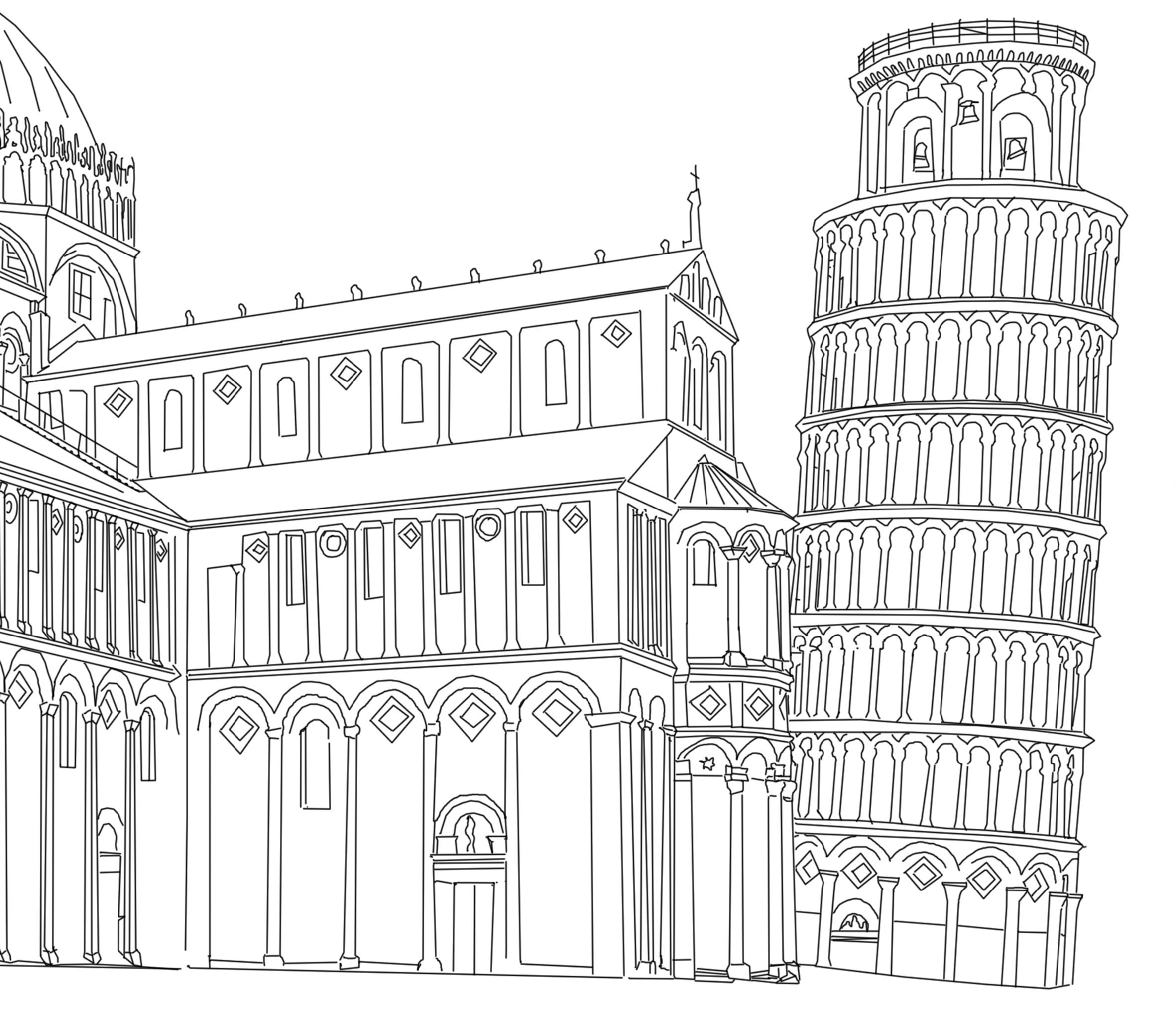 Pisa, Italy, Line Art Drawing, the Leaning Tower, Street View, Landmark ...