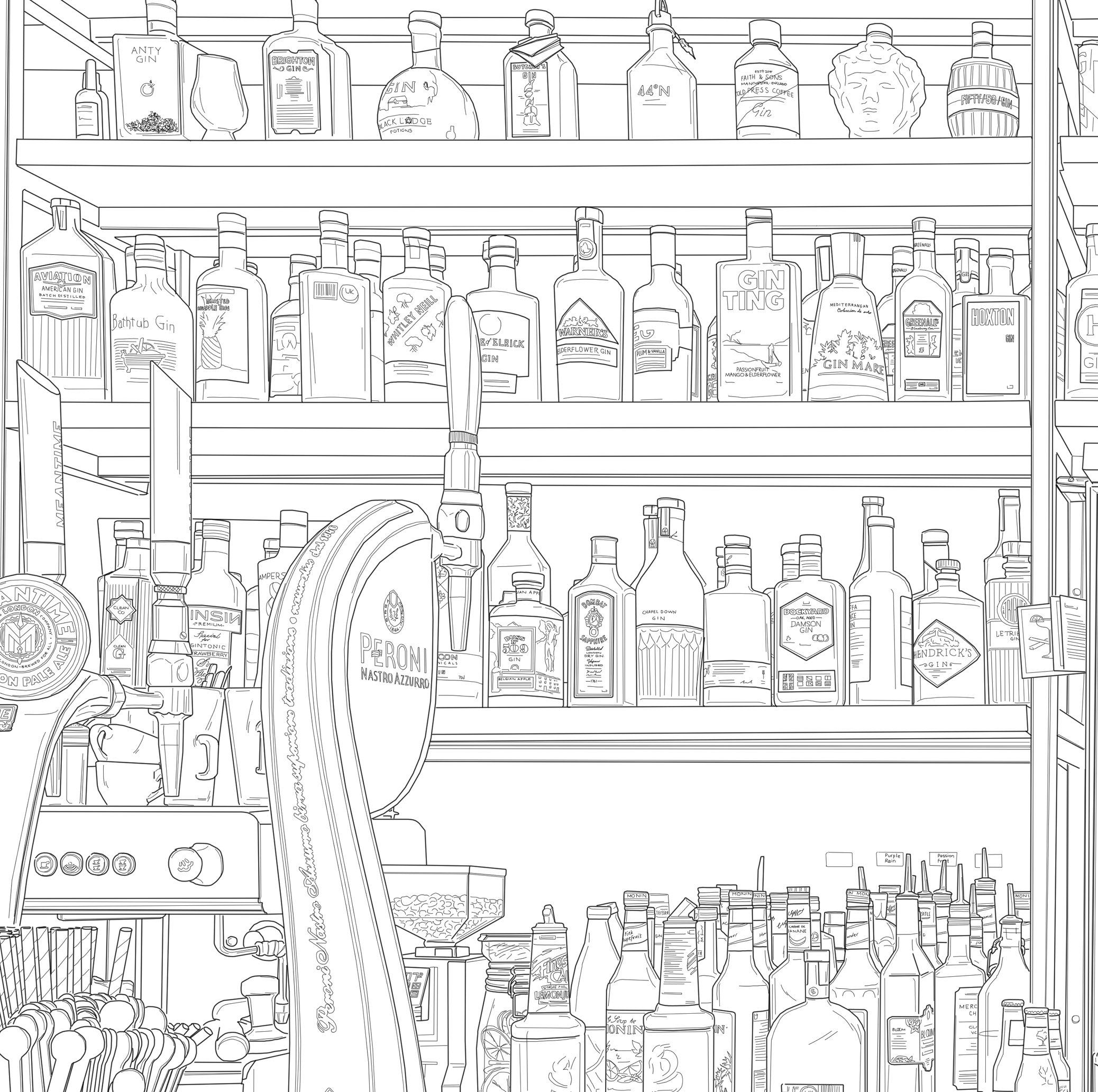 Gin Bar, Line Art, Line Drawing, Digital Download, Print at Home ...
