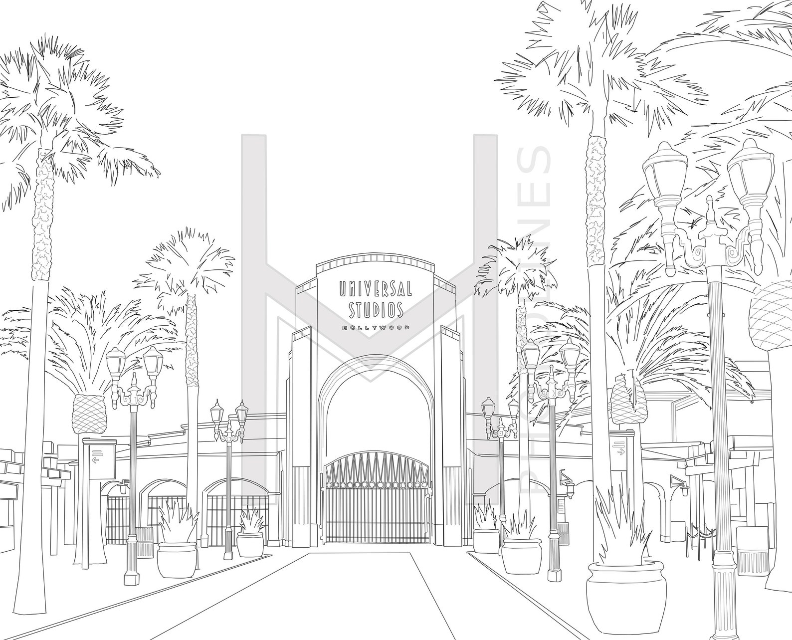 Universal Studios, Hollywood, Los Angeles, Line Art Drawing, City Scene ...