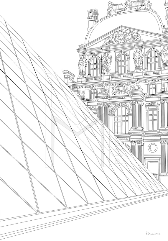 Louvre Museum Drawing Louvre Art Museum With Glass Pyramid In Paris,