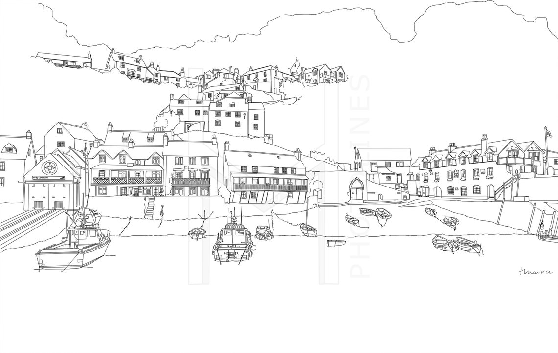 Clovelly, Devon, UK, Line Art Drawing, Art Print, Home and Travel Decor ...
