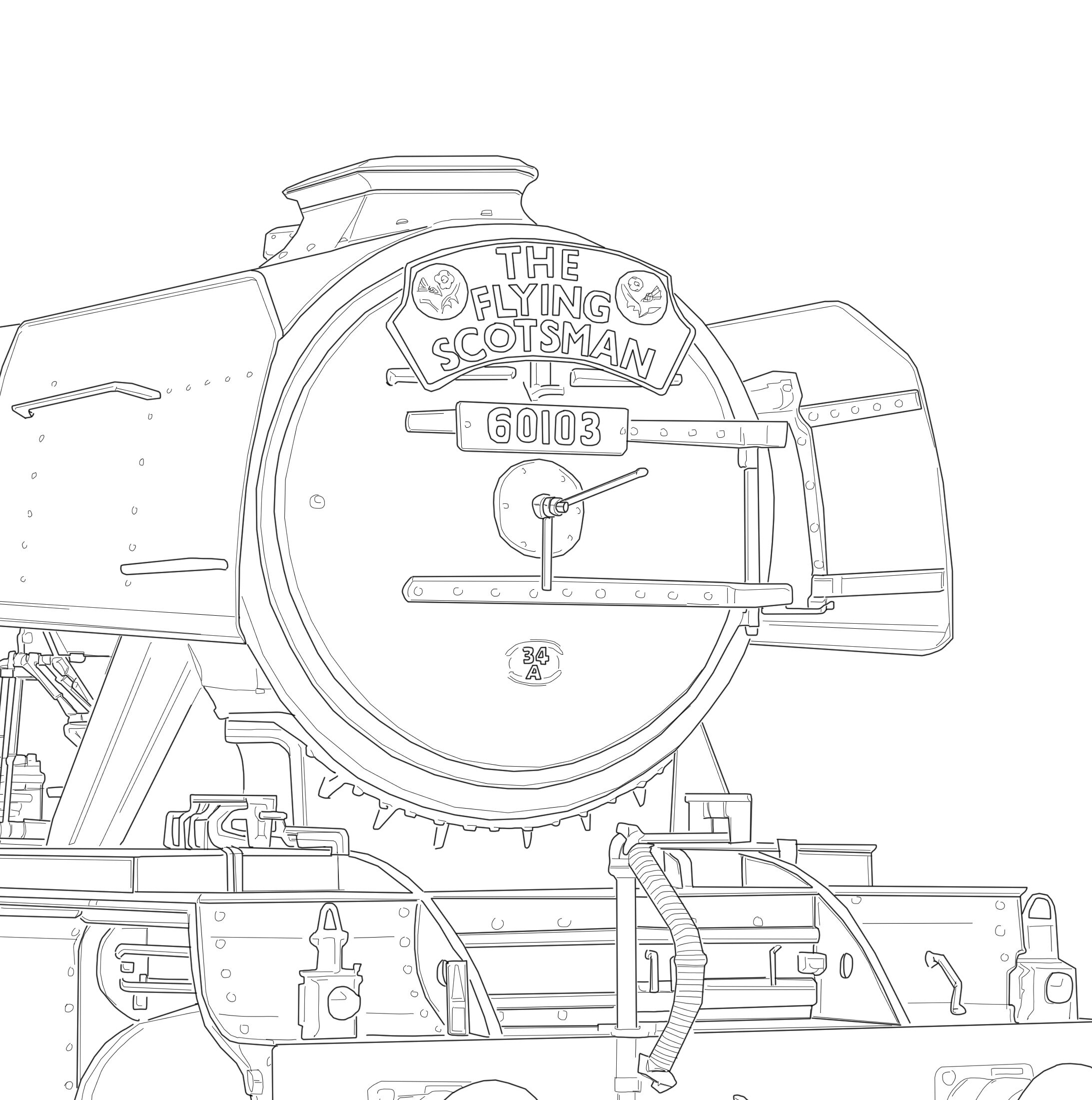 Flying Scotsman, Close Up, Steam Train, UK, Travel Line Art Drawing ...
