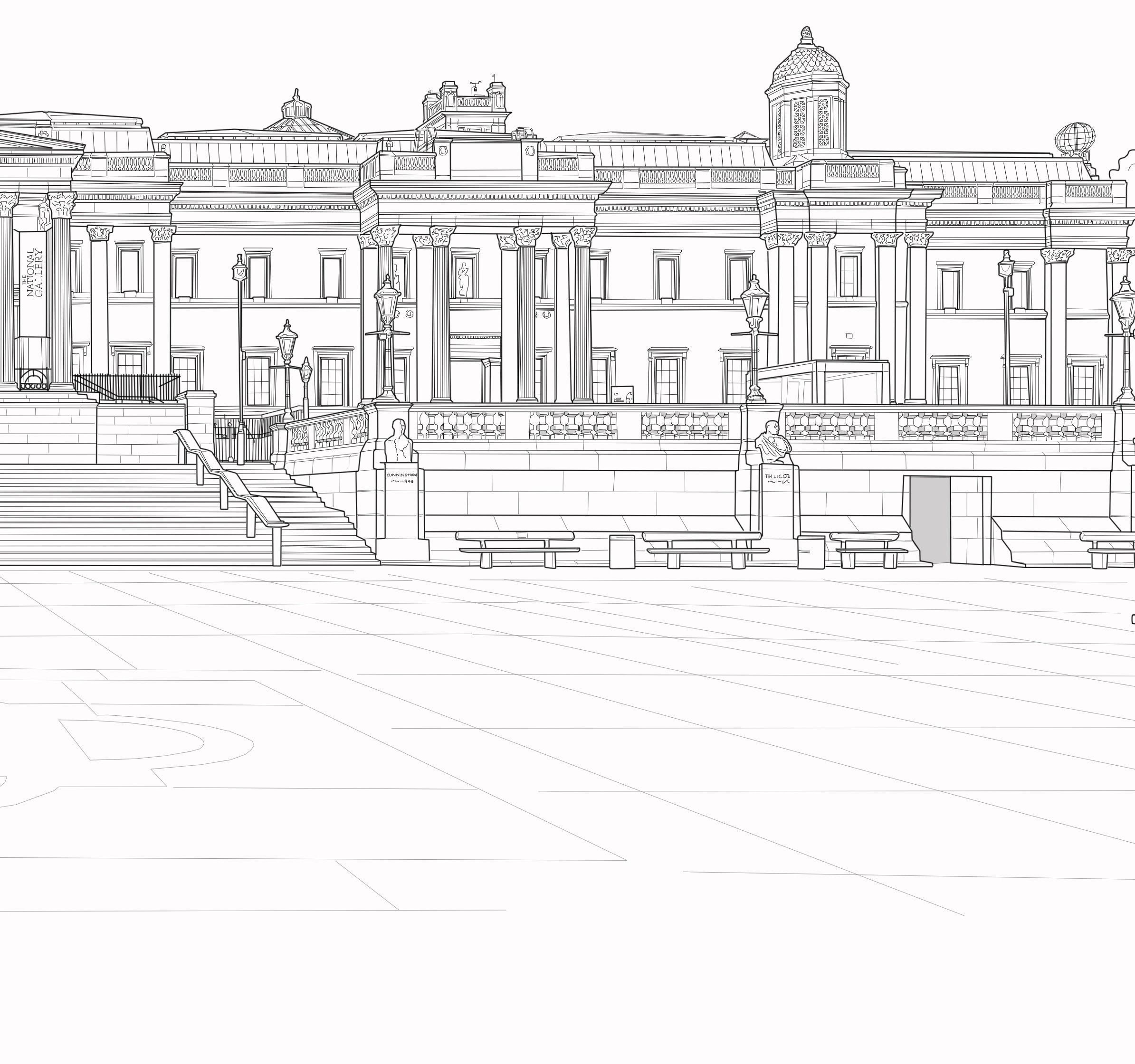 National Gallery, Trafalgar Square, London, UK, Line Art Drawing, City ...