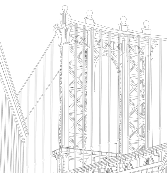 Brooklyn Bridge Line Drawing New York, Brooklyn Bridge From Between...
