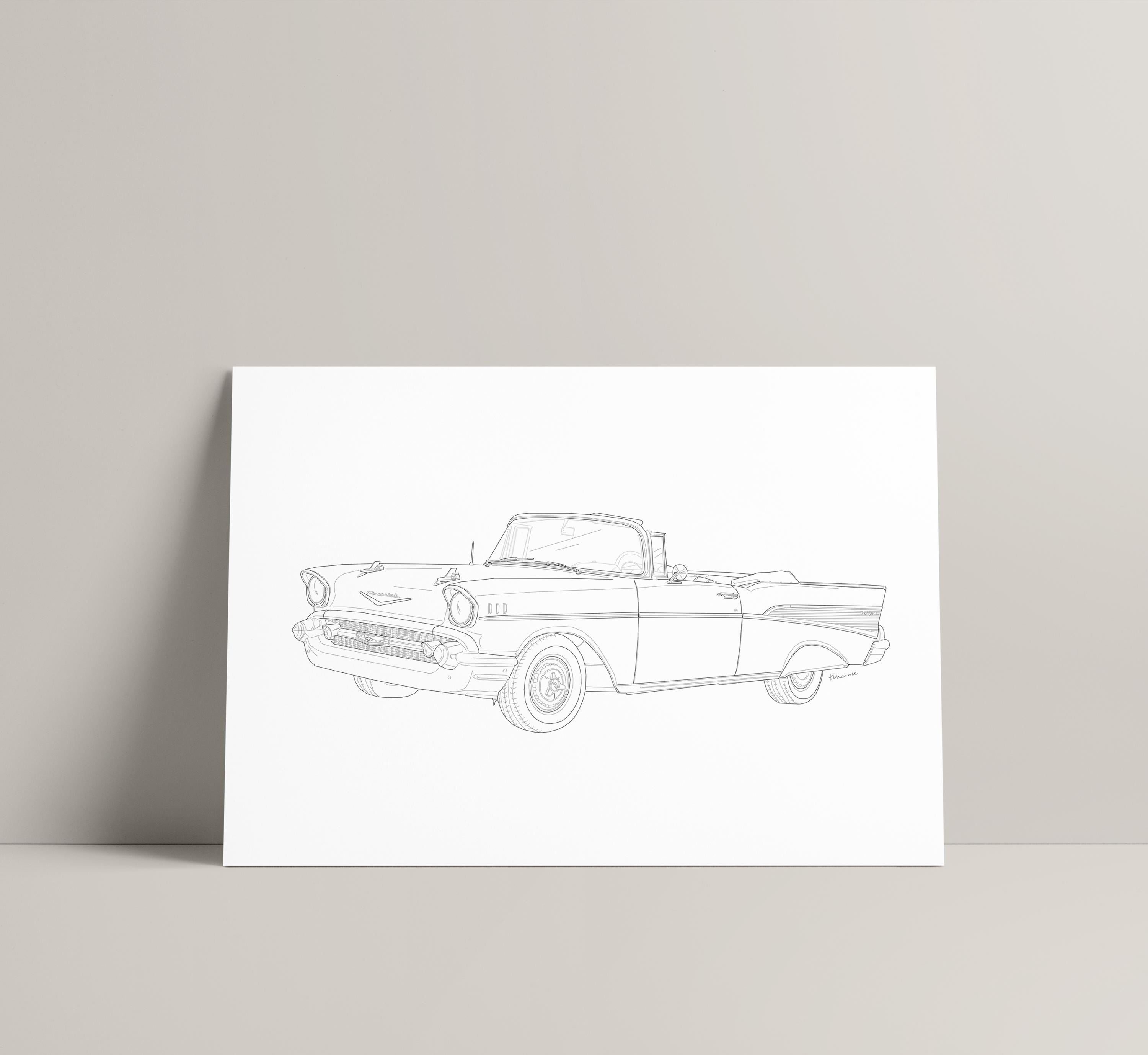 1957 Chevrolet, Bel Air, Car, Line Art Drawing, Transport, Classic Car ...