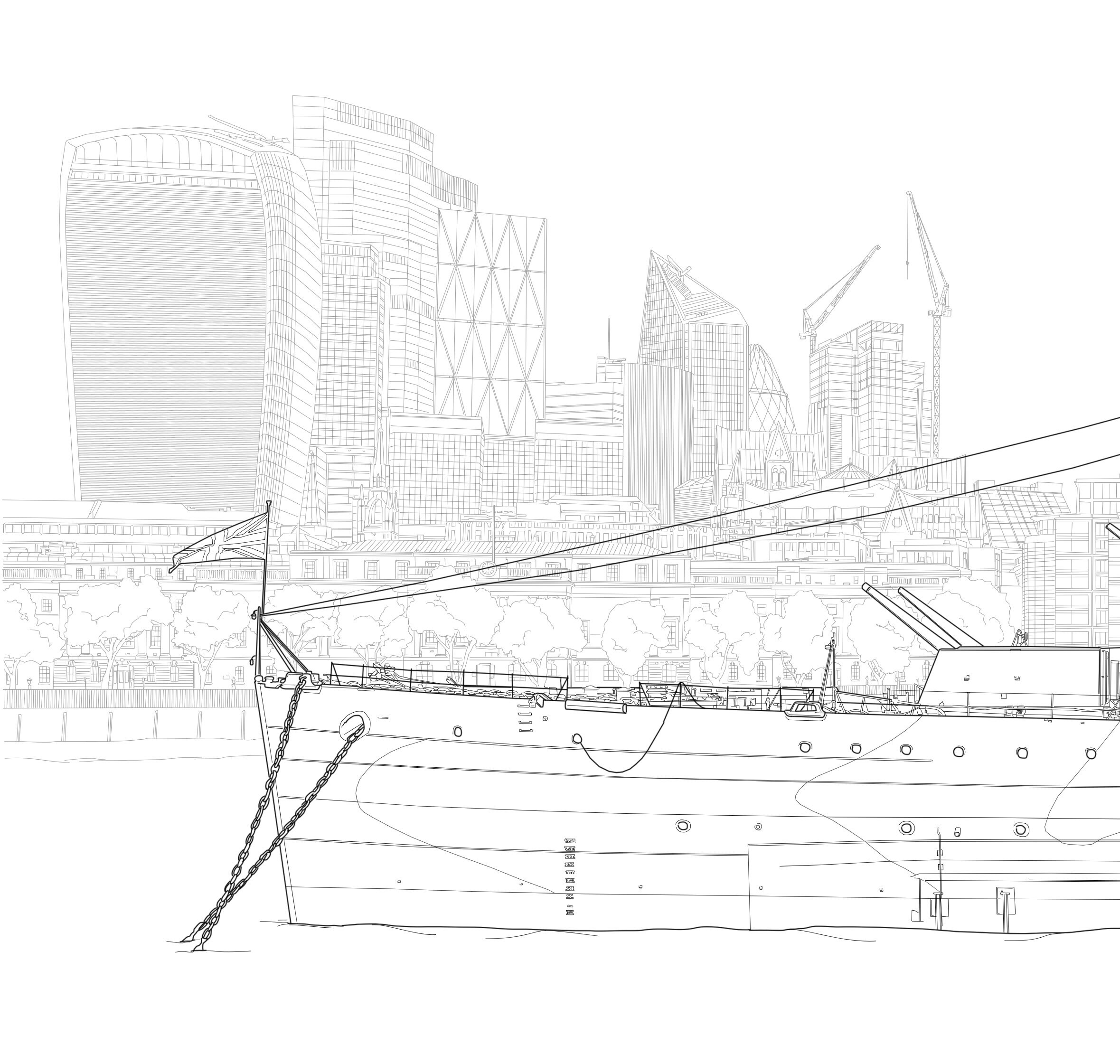 HMS Belfast, Side View, London, UK, Line Art Drawing, City Scene ...