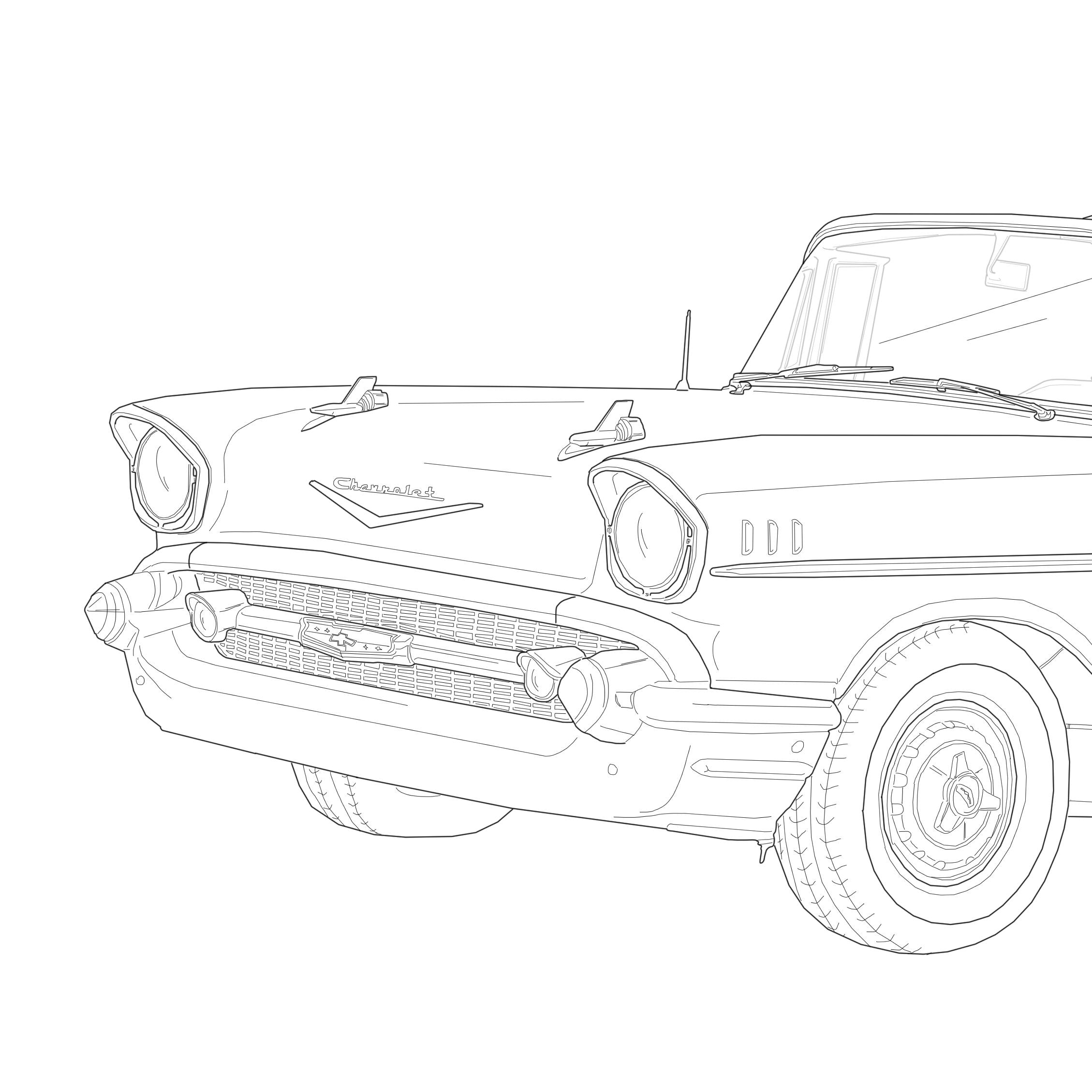 1957 Chevrolet, Bel Air, Car, Line Art Drawing, Transport, Classic Car ...