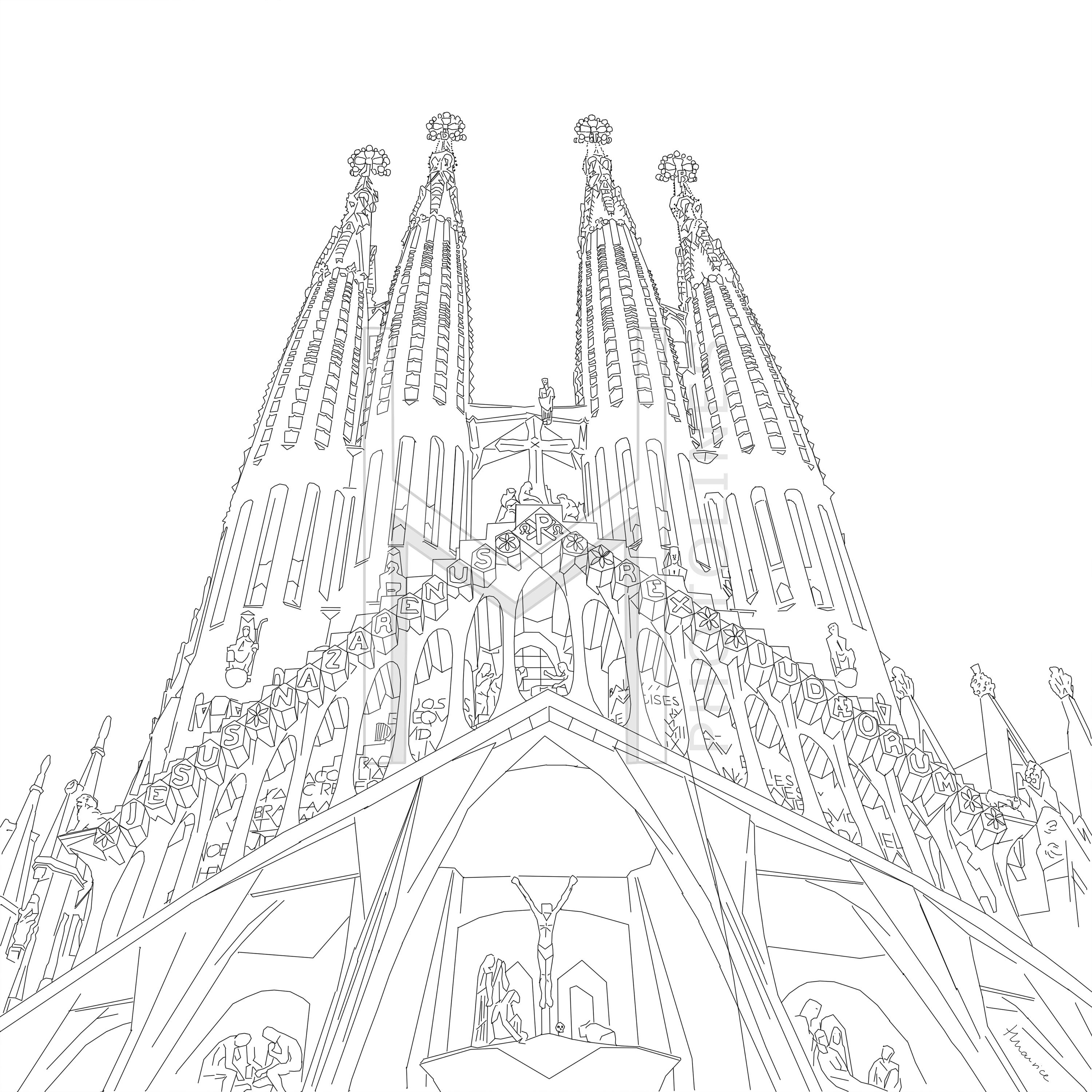 La Sagrada Familia, Barcelona, Travel Line Art Drawing, descarga ...