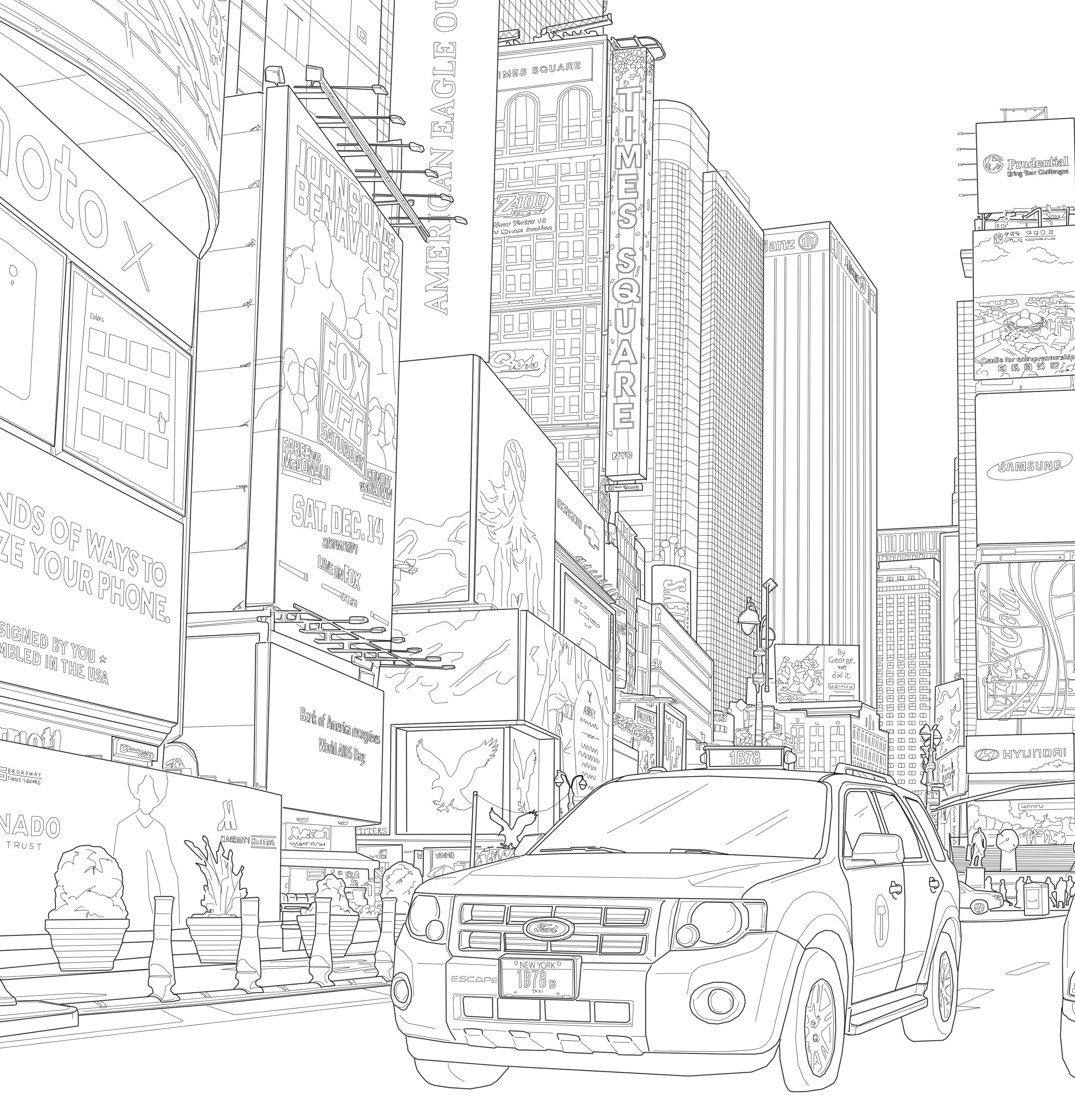 Times Square, New York, Line Art Drawing, Landmark, Home and Travel ...