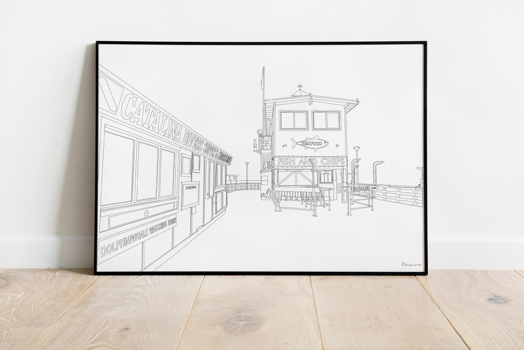Catalina Island, California, USA, Line Art Drawing, Coastal Landscape ...