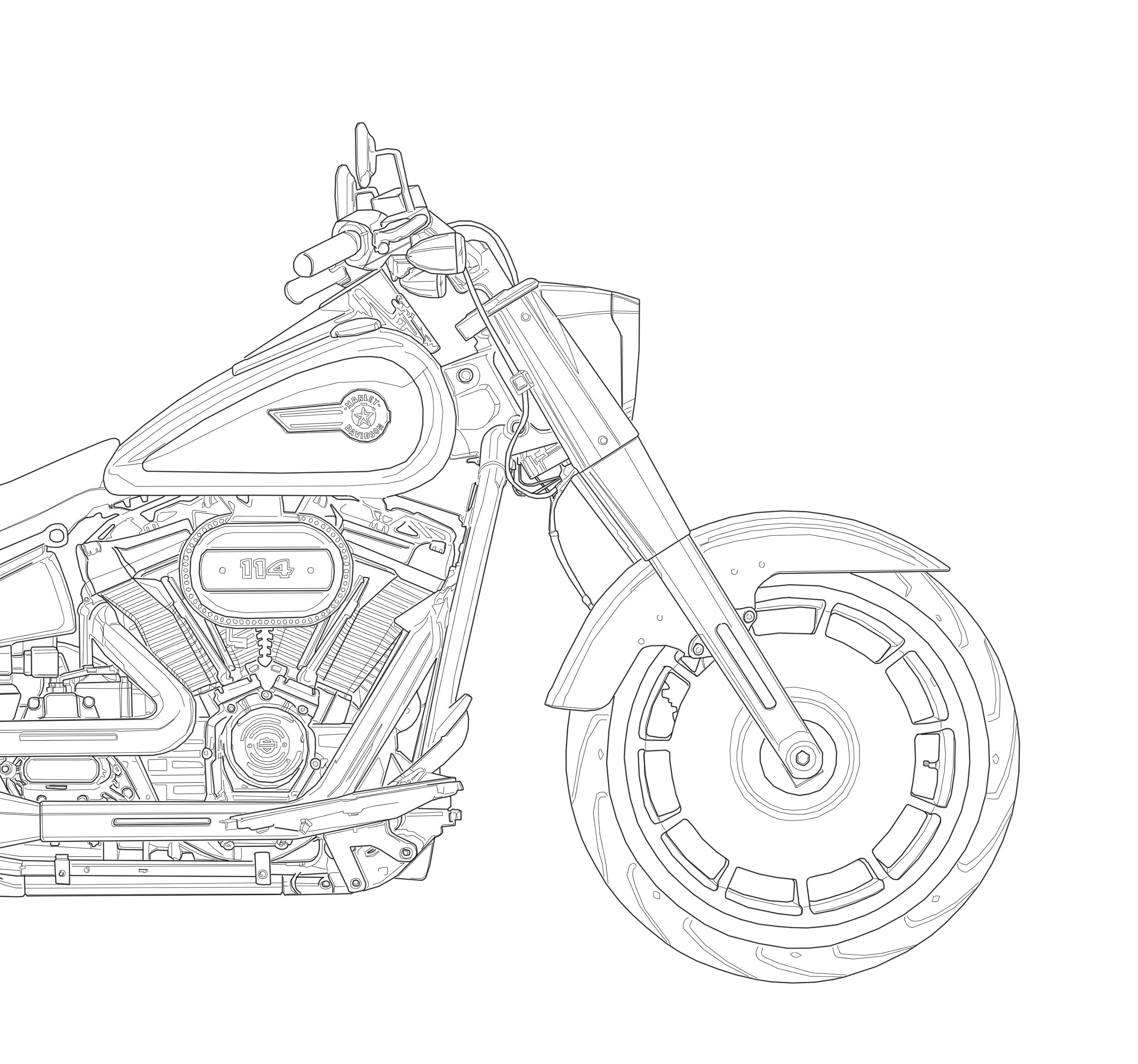 Harley Davidson Motorbike, Fatboy 114, Line Art Drawing, Digital ...