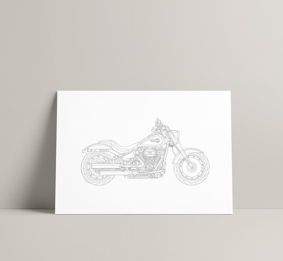 Harley Davidson Motorbike, Fatboy 114, Line Art Drawing, Digital ...