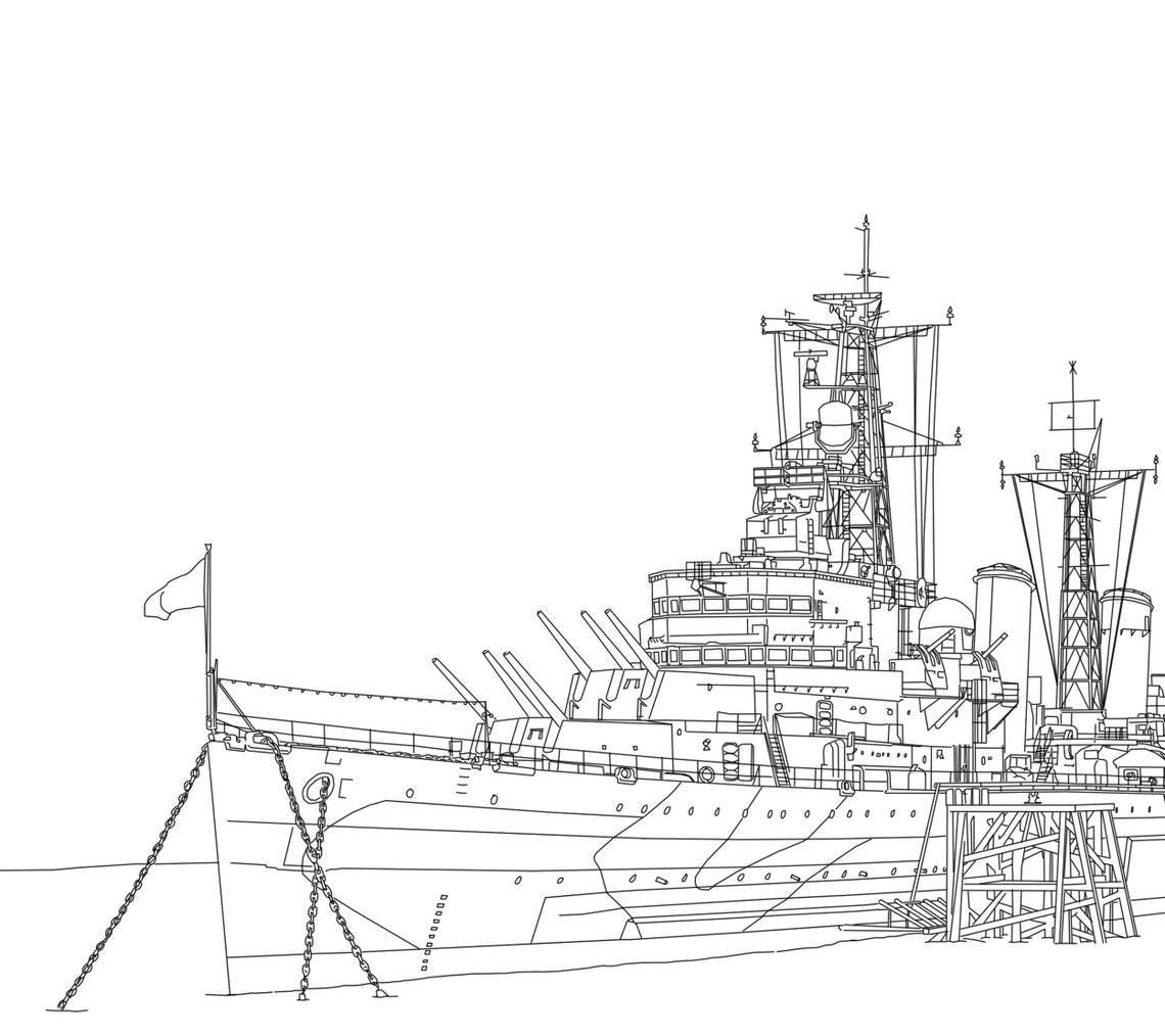 HMS Belfast, London River Thames View, UK, Line Art Drawing, City Scene ...