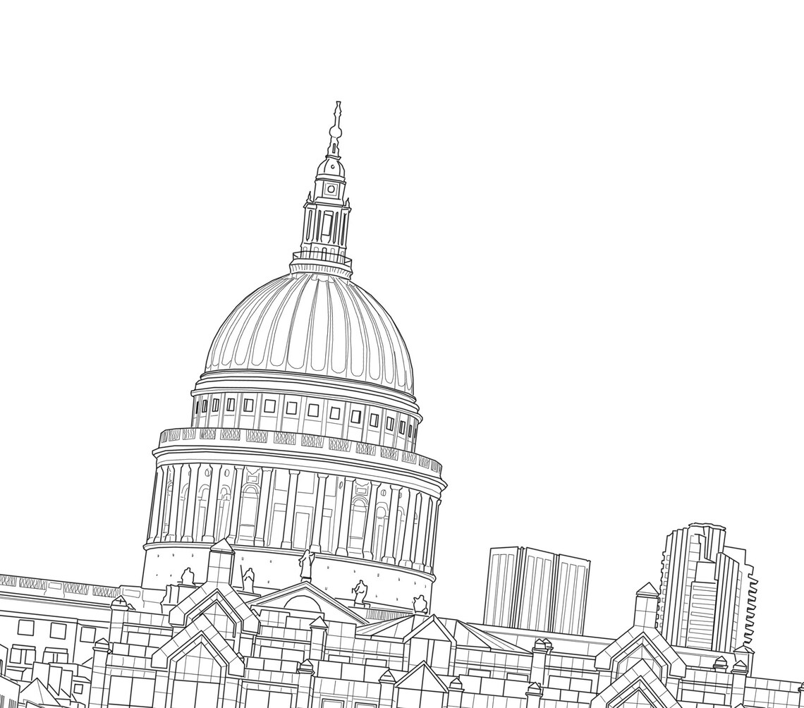 St Pauls Cathedral View 2, London Skyline, UK, Line Art Drawing, City ...